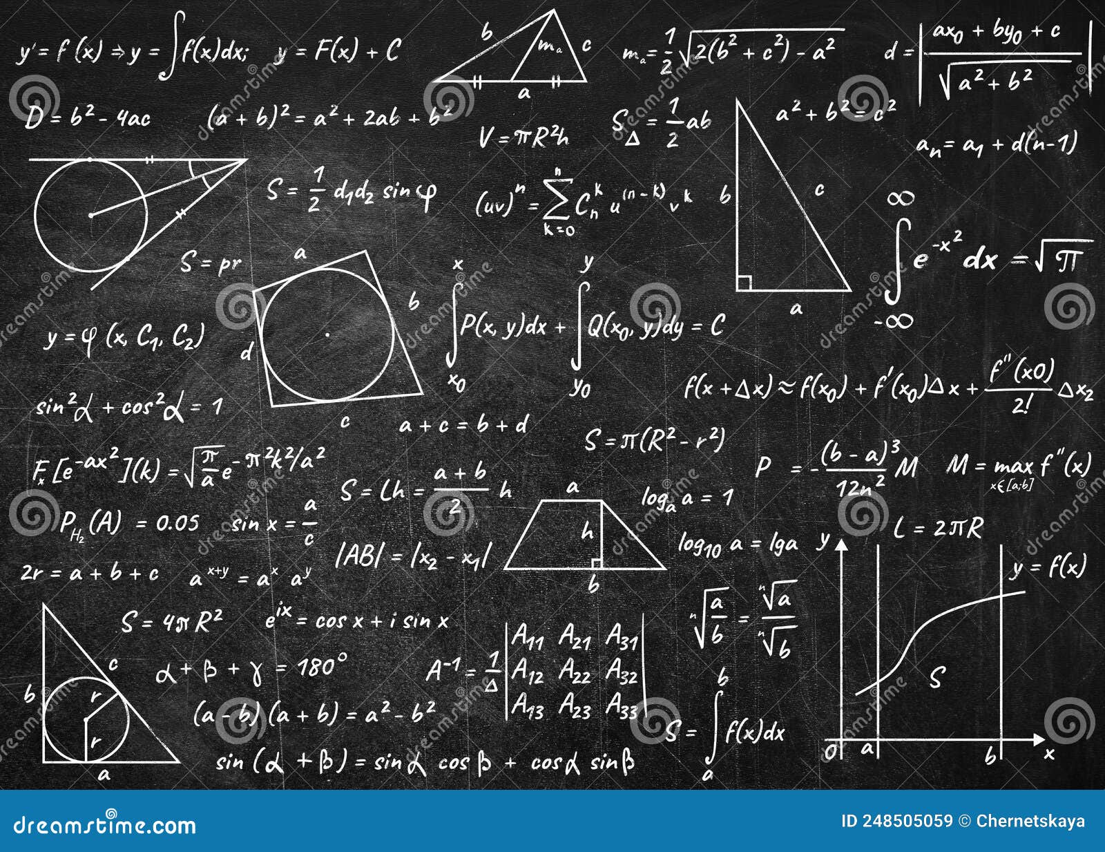 Many Different Math Formulas Written on Blackboard. Algebra and ...