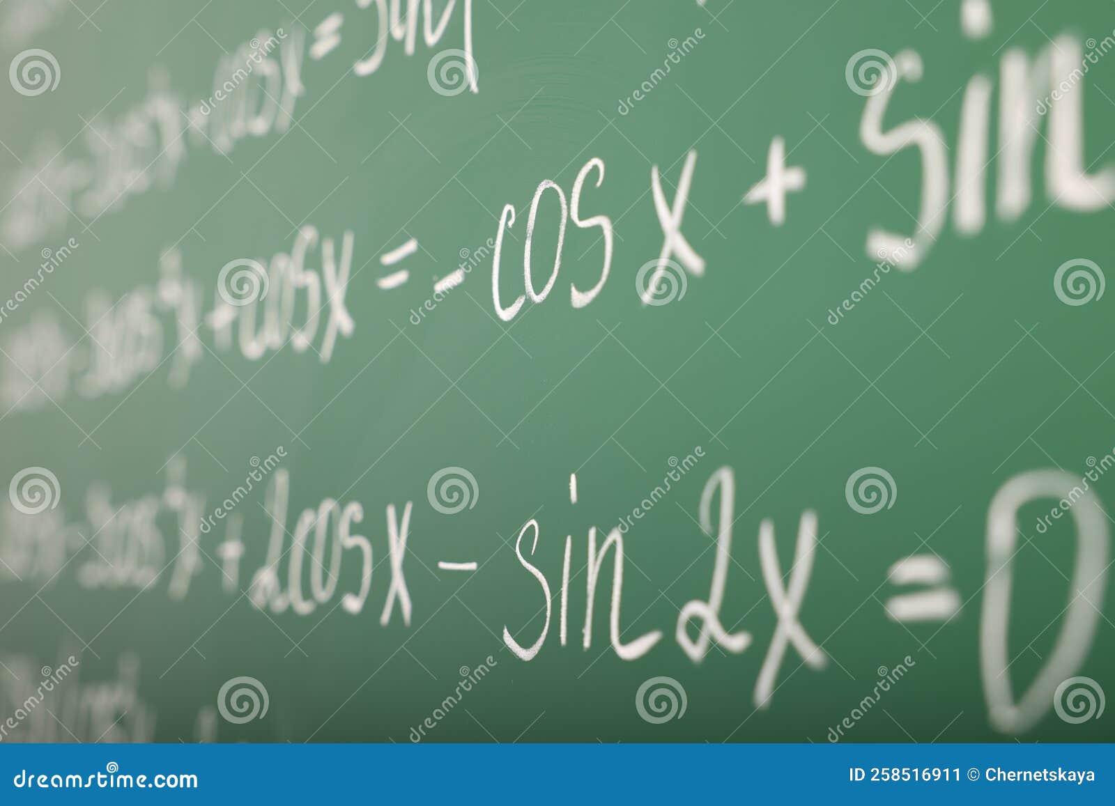 Many Different Math Formulas Written on Green Chalkboard, Closeup Stock ...