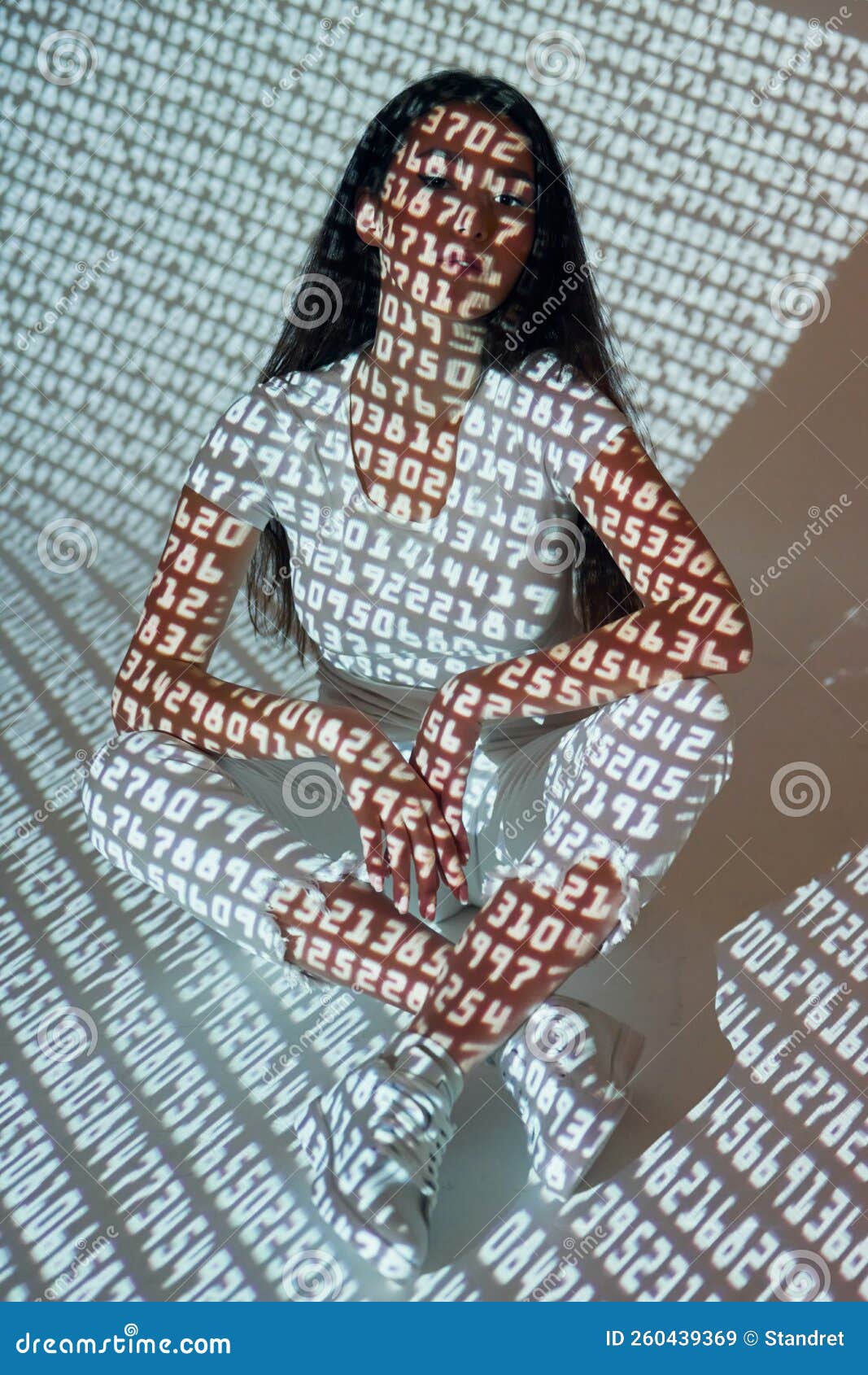 Many of the Different Numbers. Beautiful Young Woman is in Projector ...