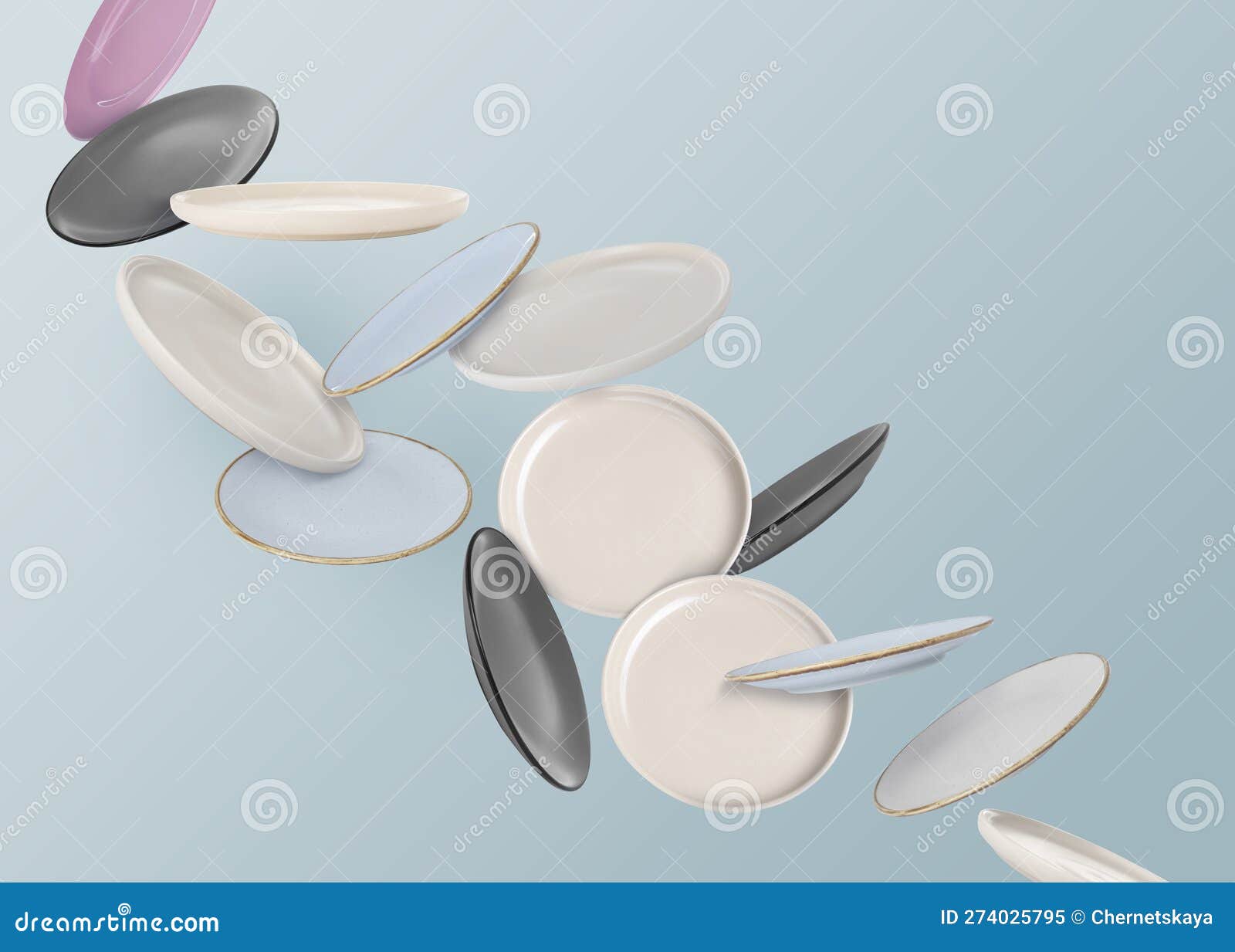 Many Different Plates Falling on Pastel Light Blue Gradient Background ...