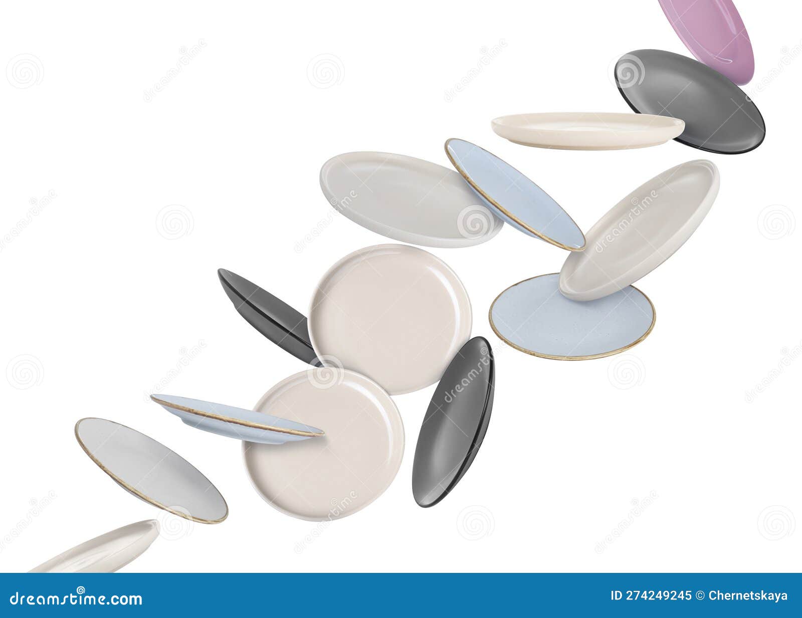 Many Different Plates Falling on White Background Stock Image - Image ...