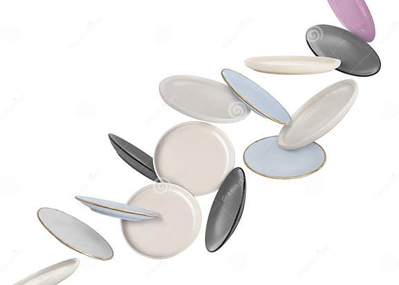 Many Different Plates Falling on White Background Stock Image - Image ...