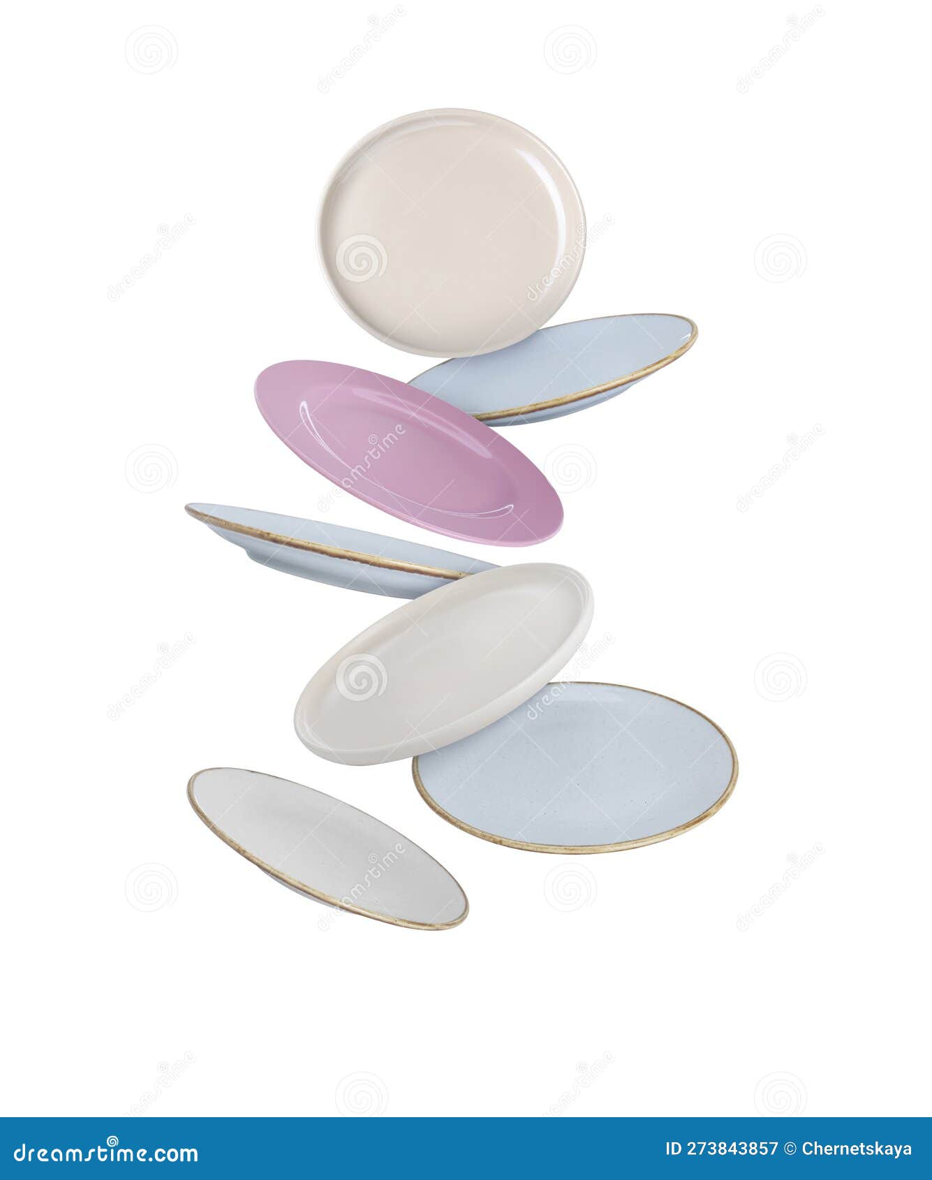 Many Different Plates Falling on White Background Stock Image - Image ...