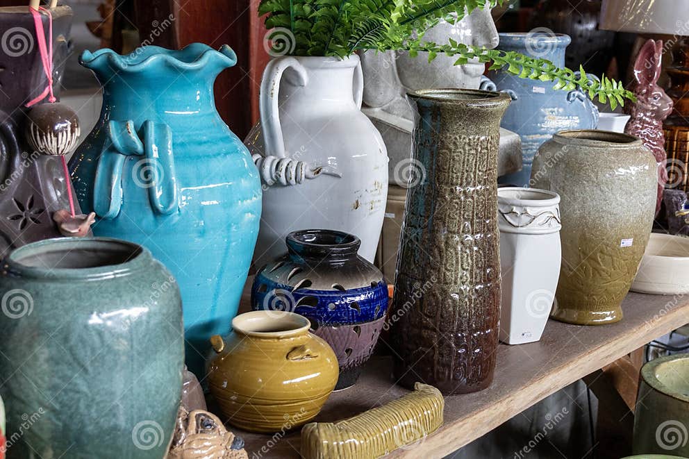Many Different Pottery Standing on the Table Stock Image - Image of ...