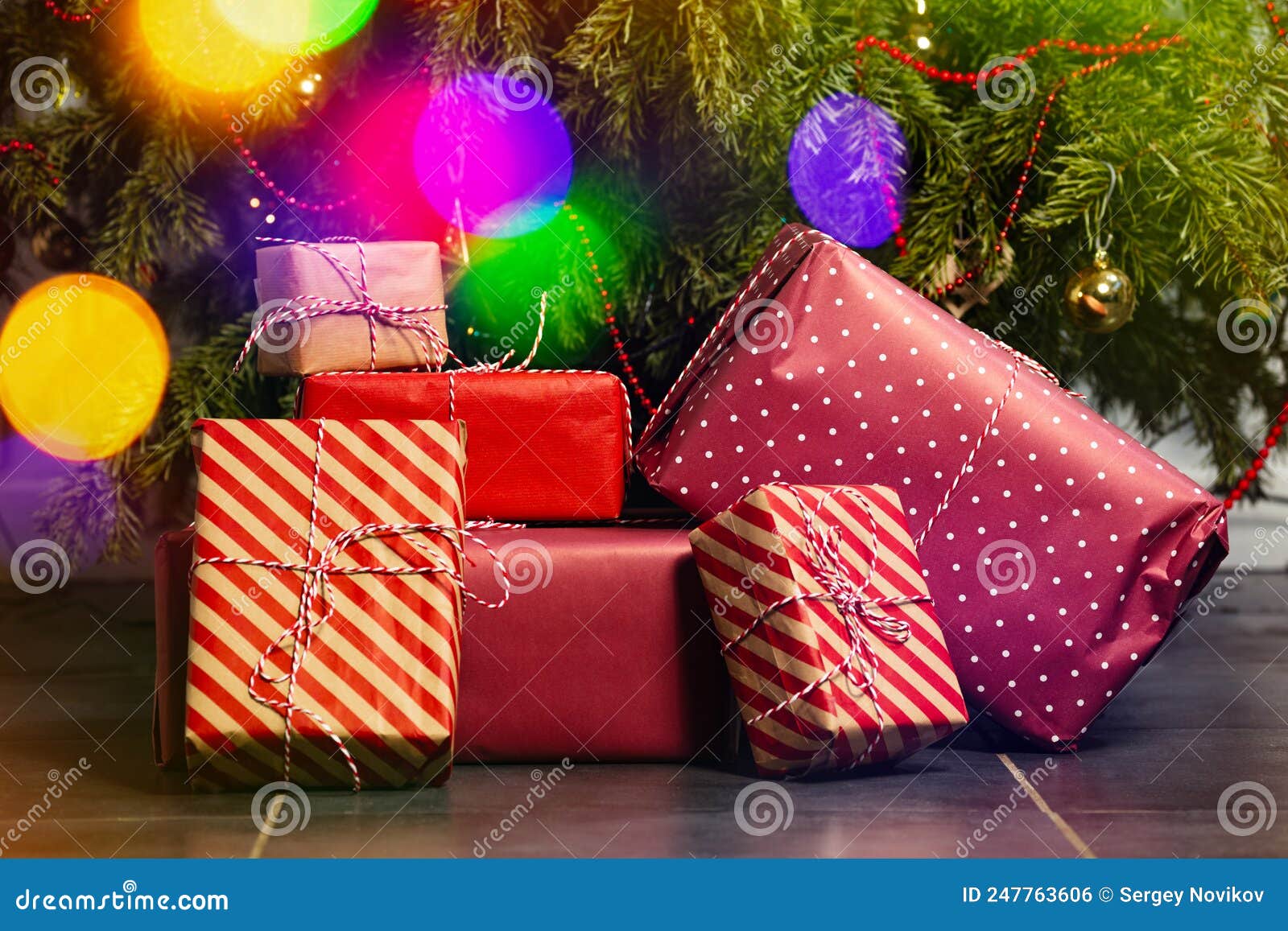 Many Different Present Boxes Stacked Lay Under Christmas Tree Stock ...