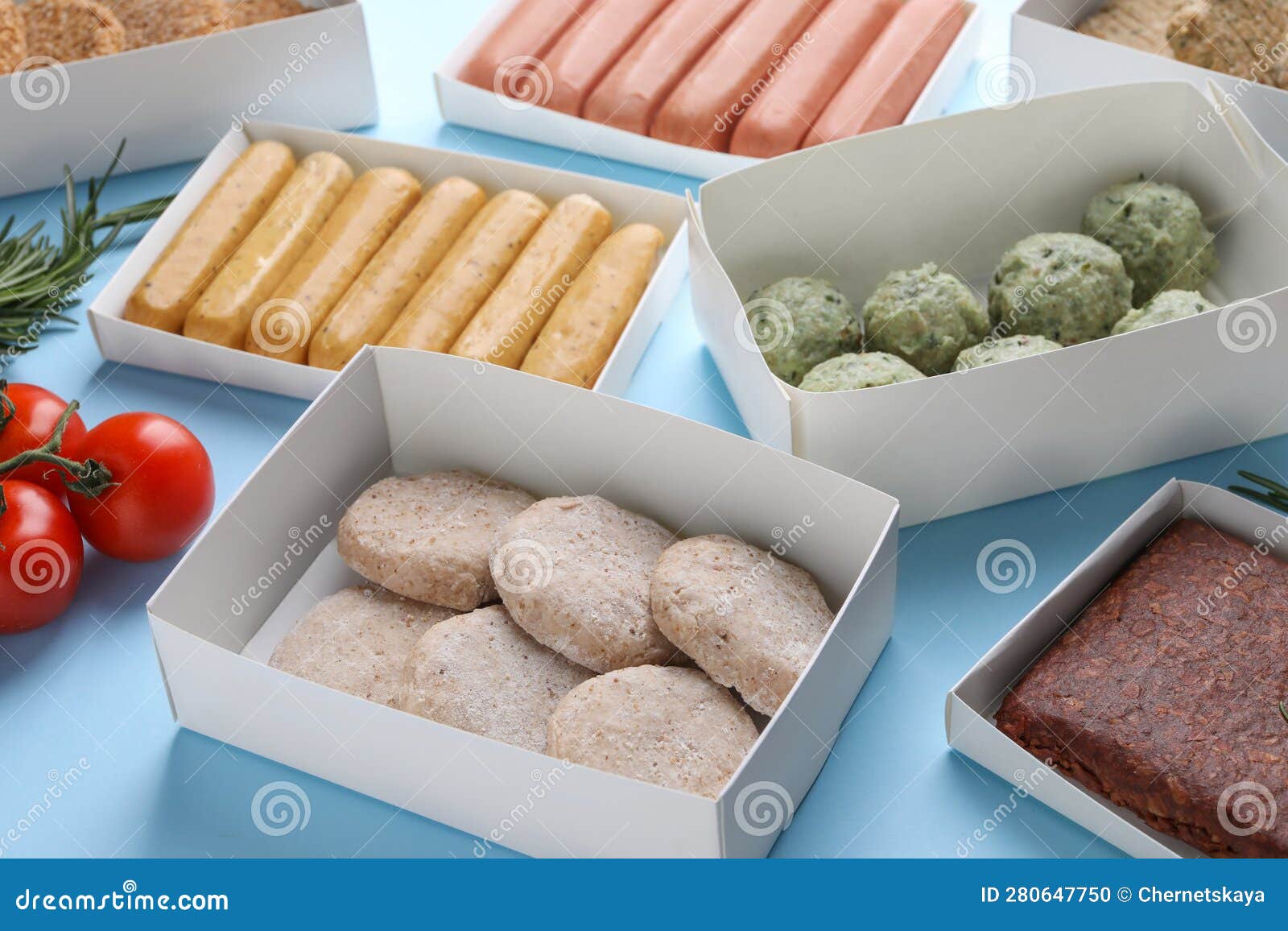 Many Different Raw Vegan Meat Products on Light Blue Background ...