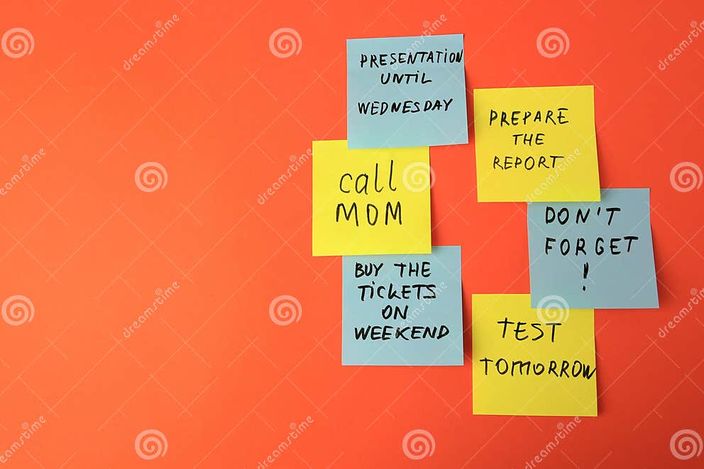 Many Different Reminder Notes on Orange Background, Flat Lay. Space for ...