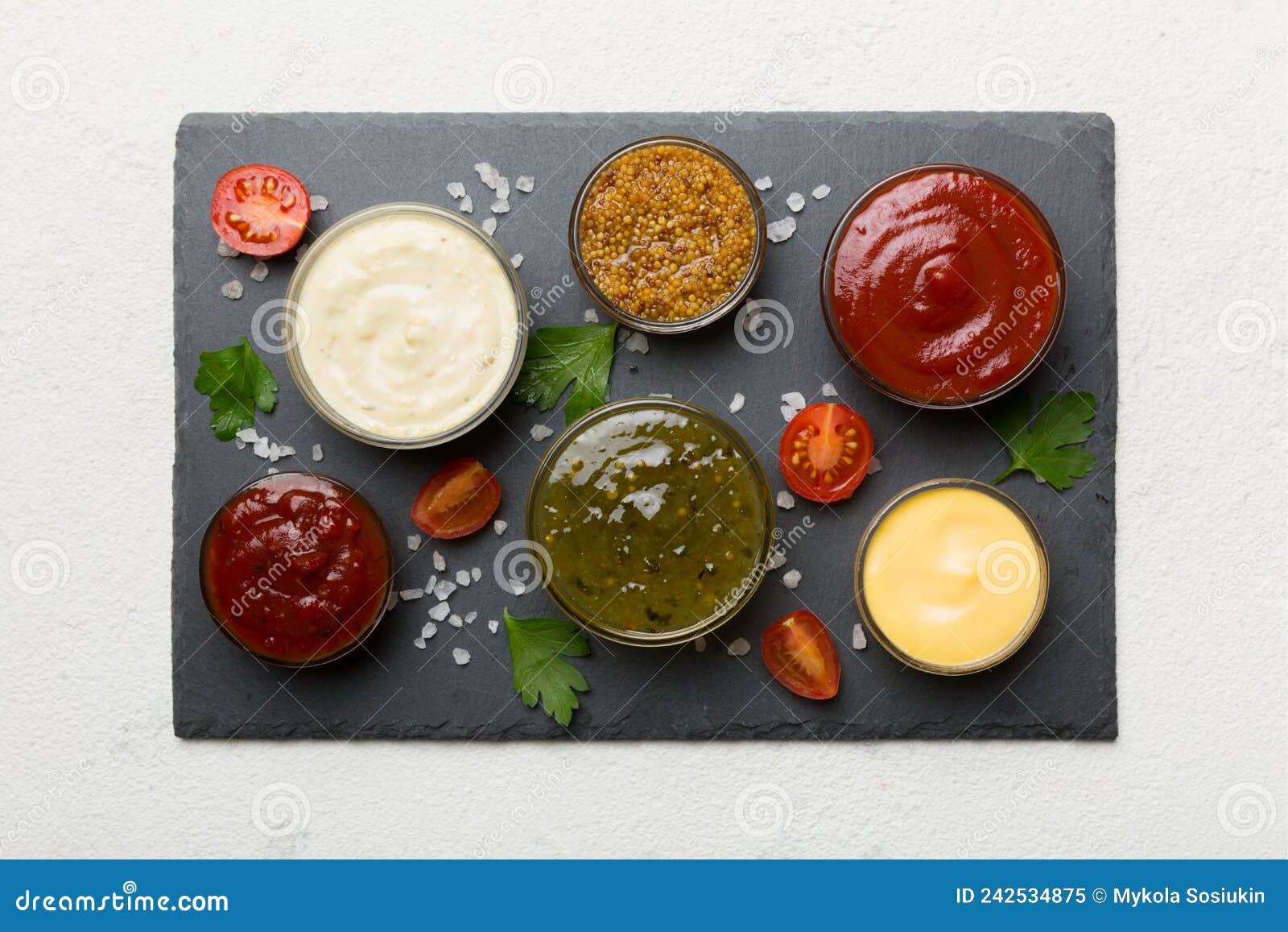 Many Different Sauces and Herbs on Table, Flat Lay Top View. Sauces on ...