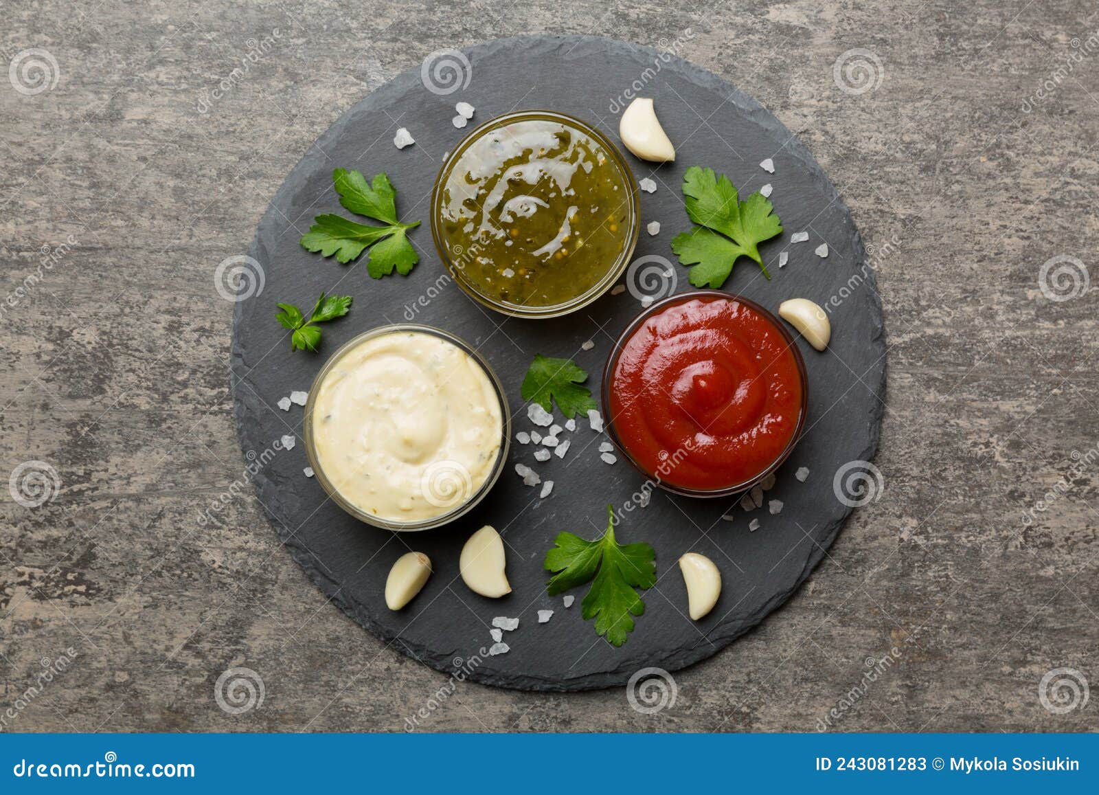 Many Different Sauces and Herbs on Table, Flat Lay Top View. Sauces on ...