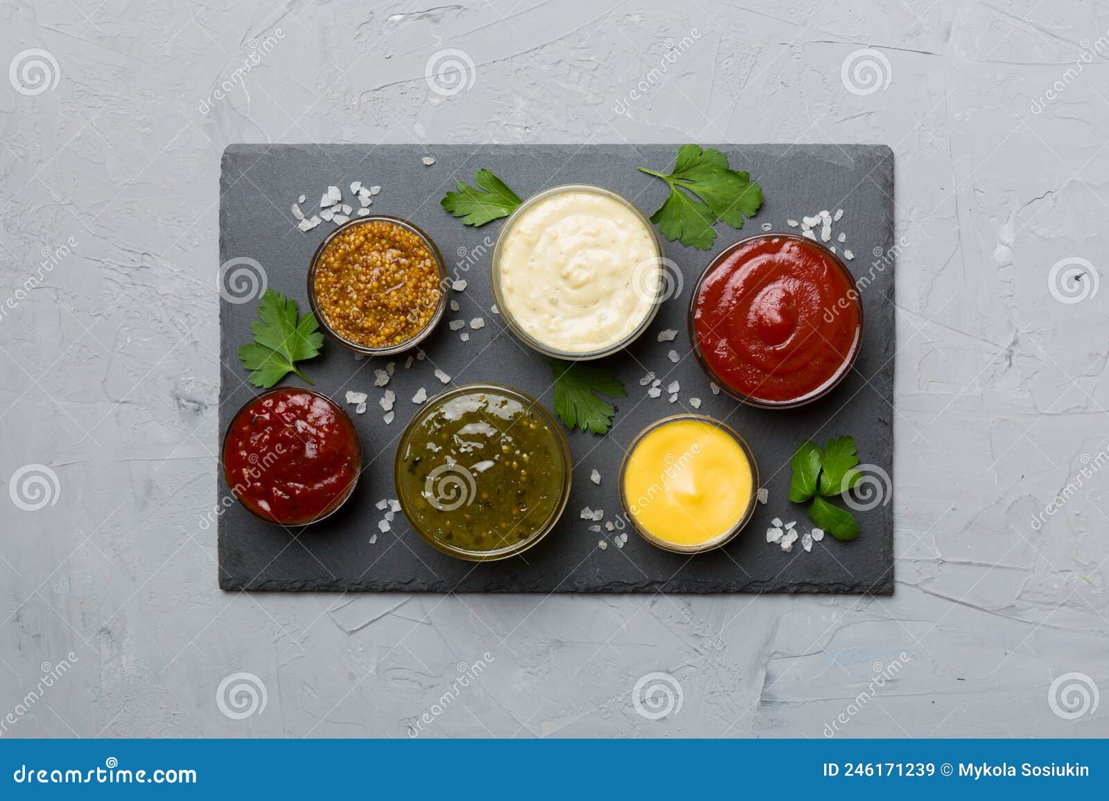 Many Different Sauces and Herbs on Table, Flat Lay Top View. Sauces on ...