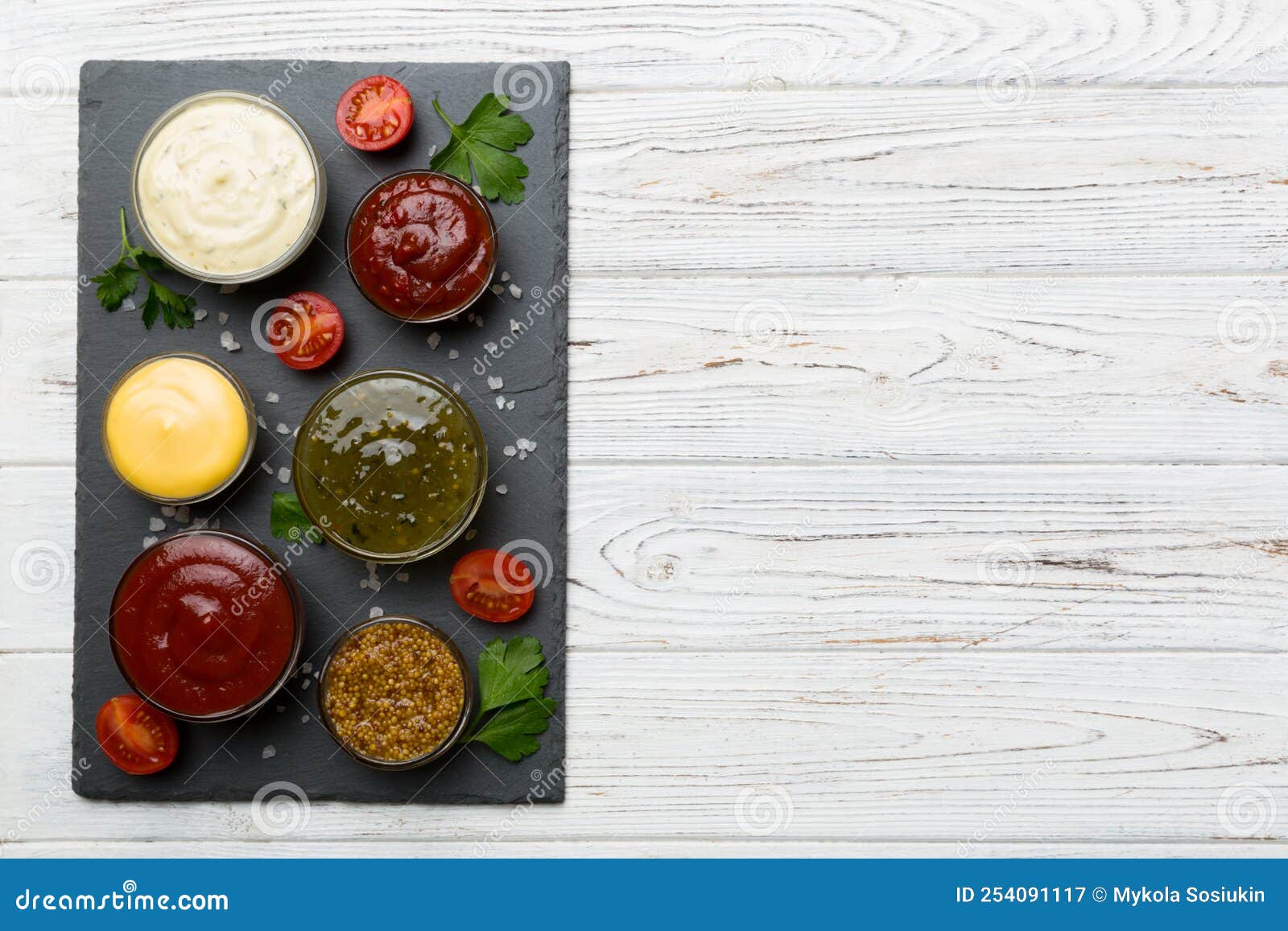 Many Different Sauces and Herbs on Table, Flat Lay Top View. Sauces on ...