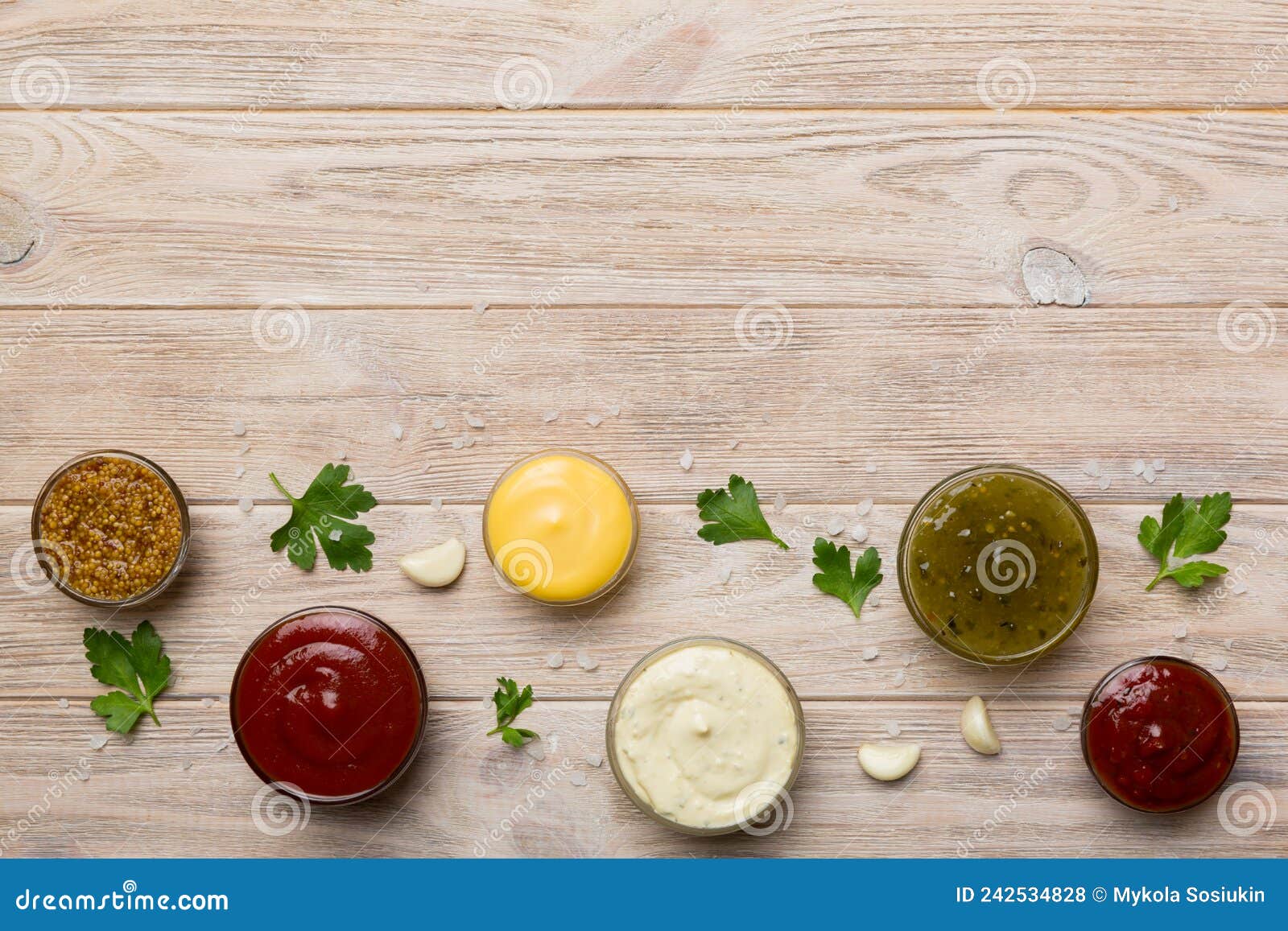 Many Different Sauces and Herbs on Table, Flat Lay Top View. Sauces ...