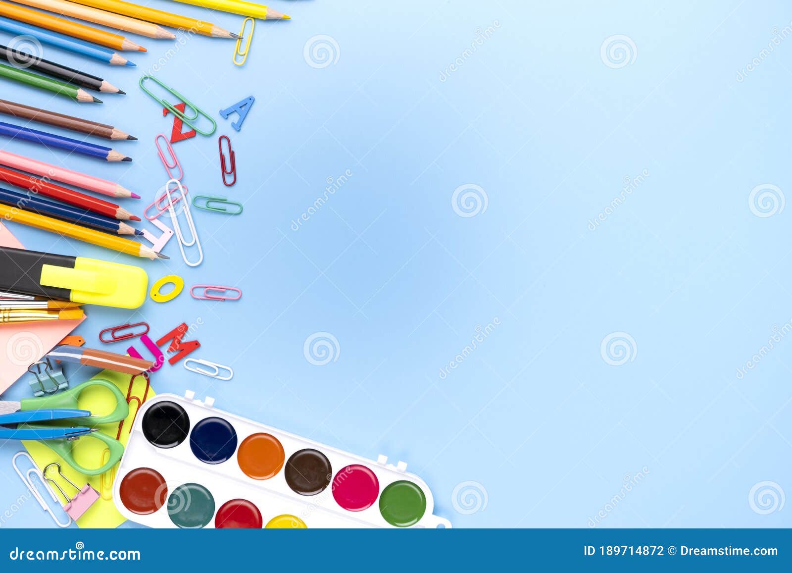 Many Different School Supplies on Blue Copy Space Background. Back To ...