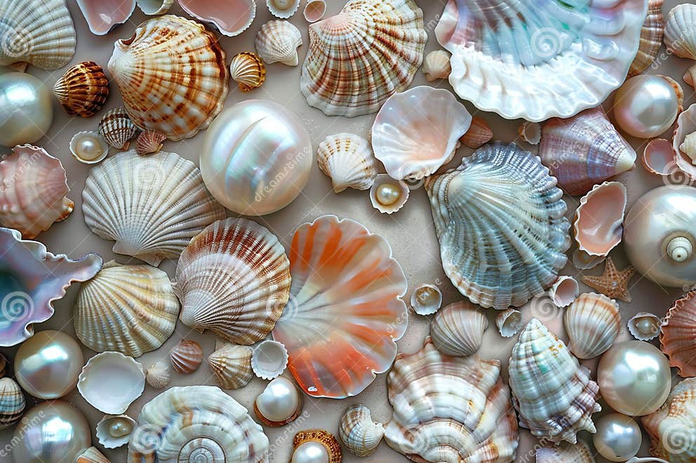 Many Different Seashells and Pearls Top View Stock Illustration ...