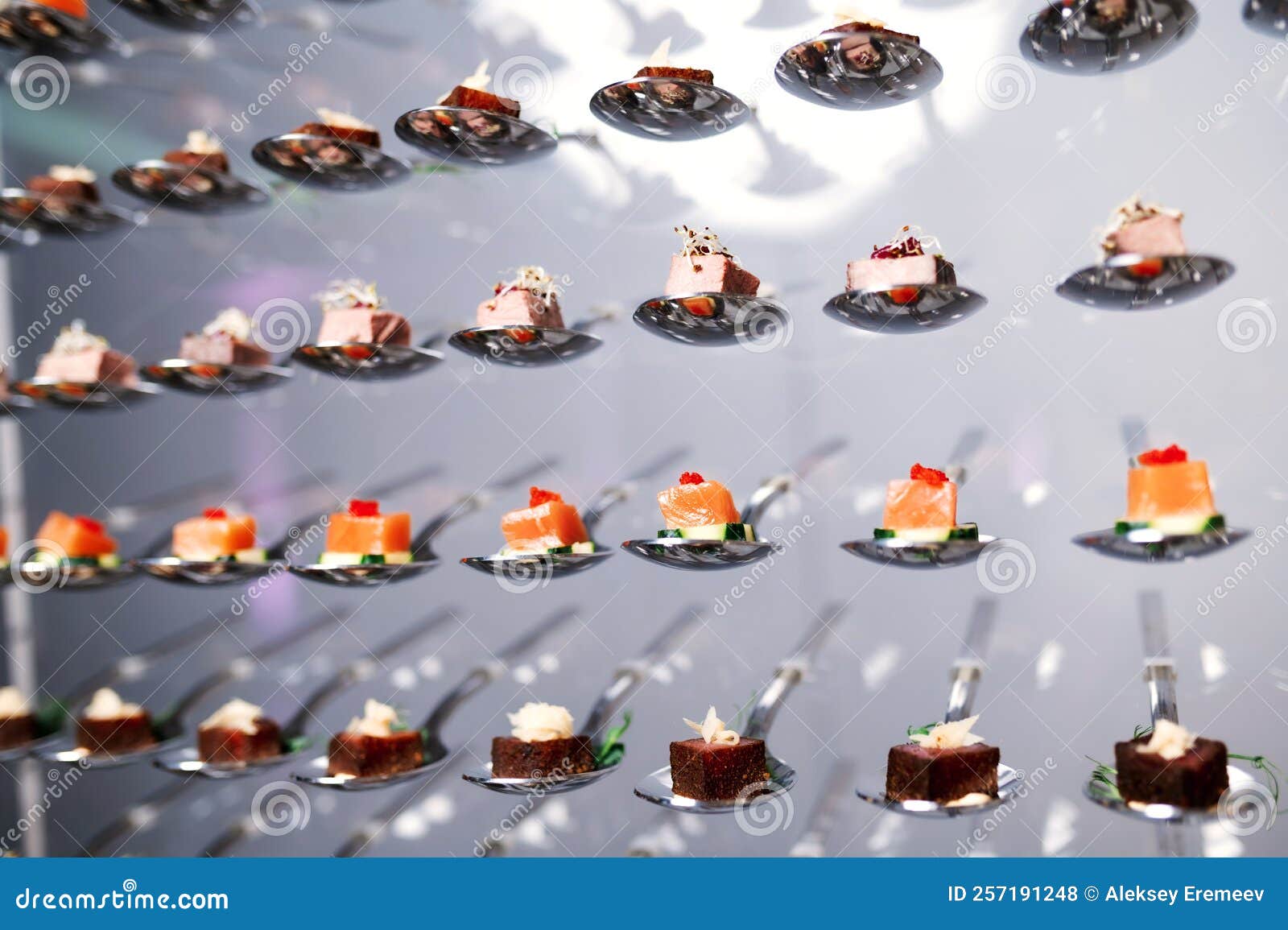 Many Different Small Canapes on Spoons Stock Photo - Image of ...