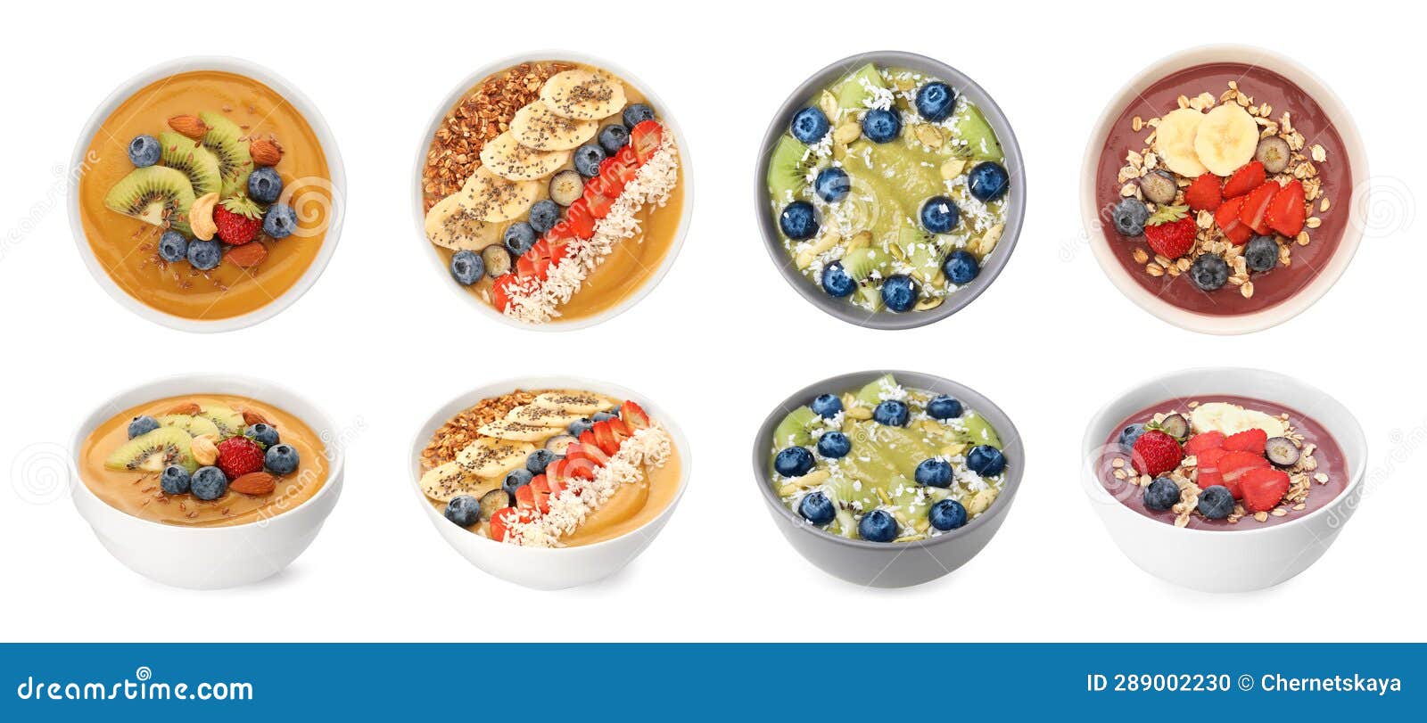 Many Different Smoothie Bowls Isolated on White, Collage with Side and ...