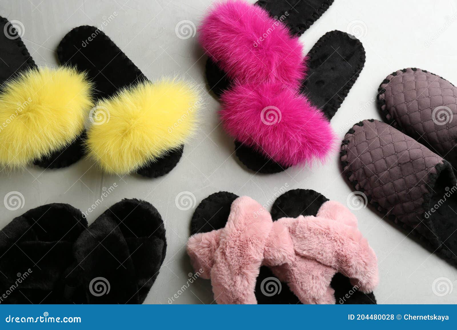 Many Different Soft Slippers on Light Grey Background, Flat Lay Stock ...