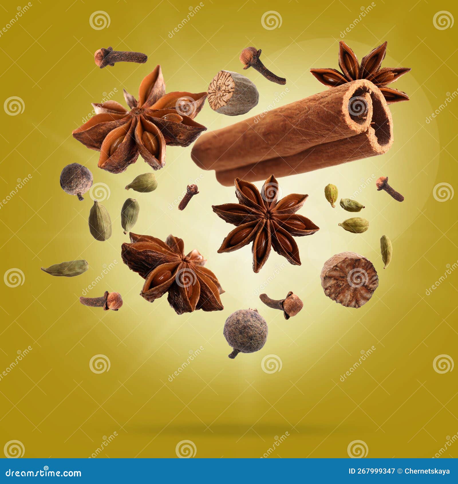 Many Different Spices Falling on Golden Background Stock Image - Image ...
