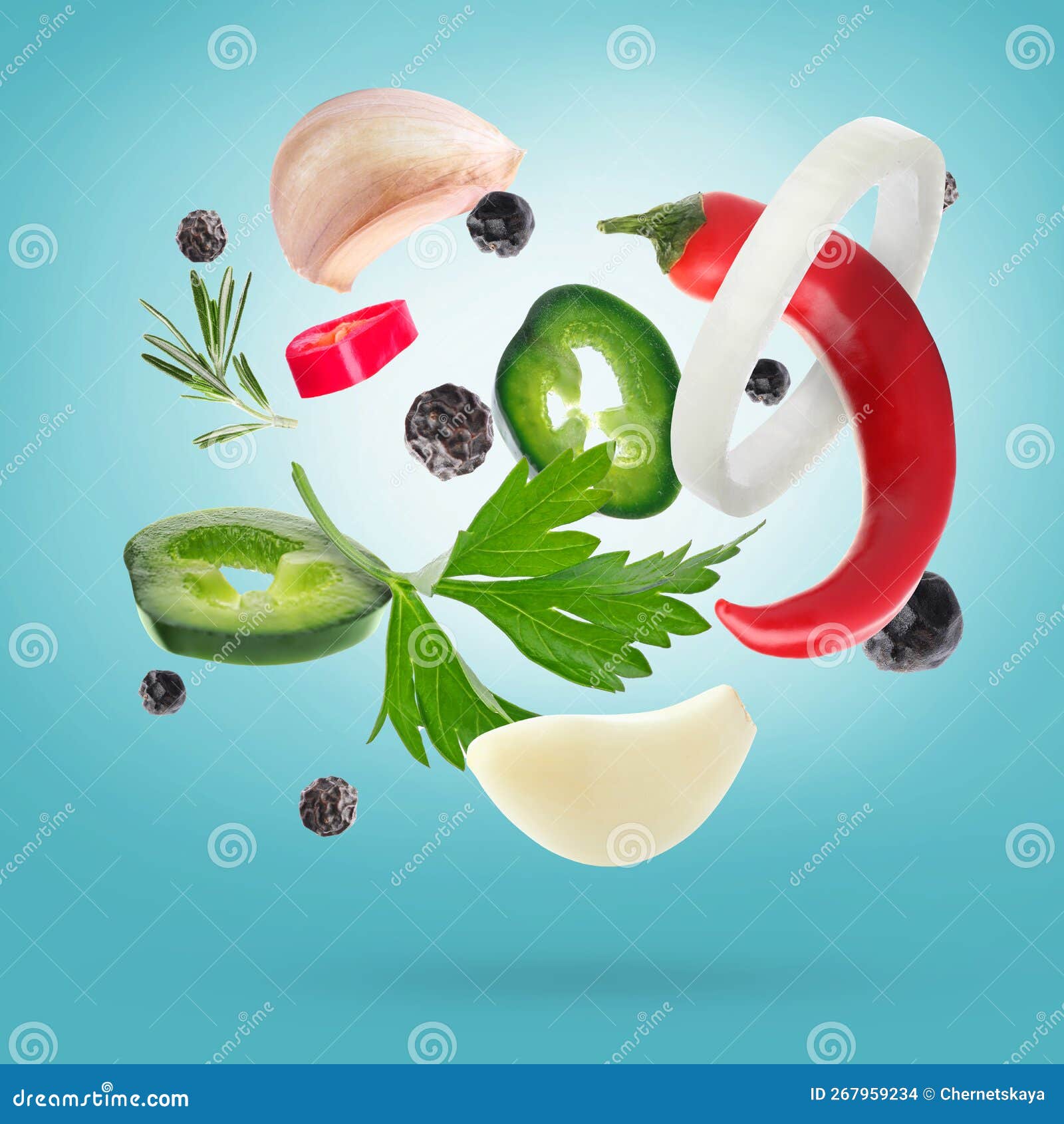 Many Different Spices Falling on Light Blue Background Stock Photo ...