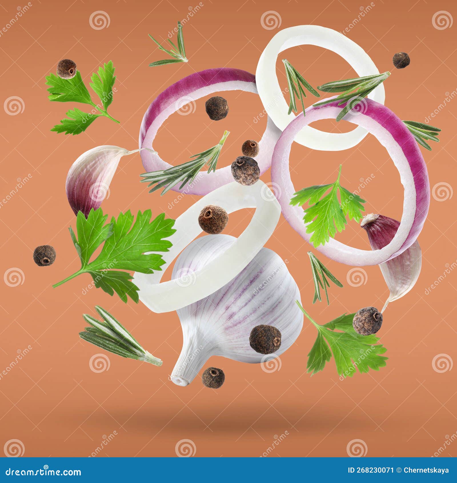 Many Different Spices Falling on Light Brown Background Stock Image ...