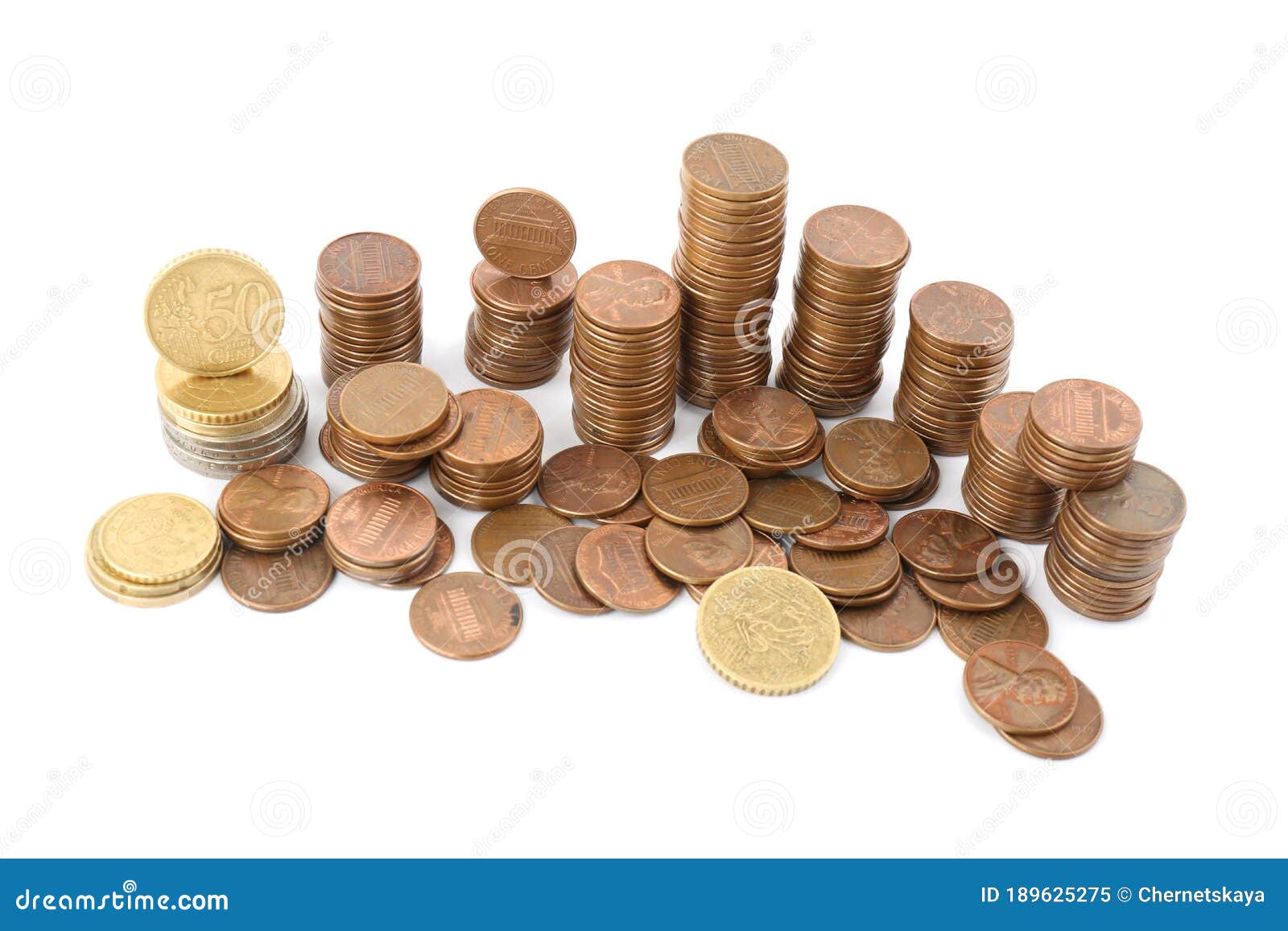Many Different Stacked Coins Isolated Stock Image - Image of euro ...
