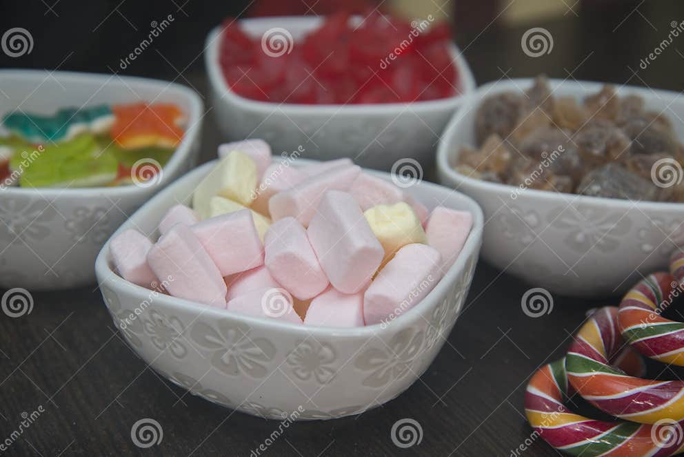 Many Different Sweets are in White Bowls. Stock Image - Image of ...