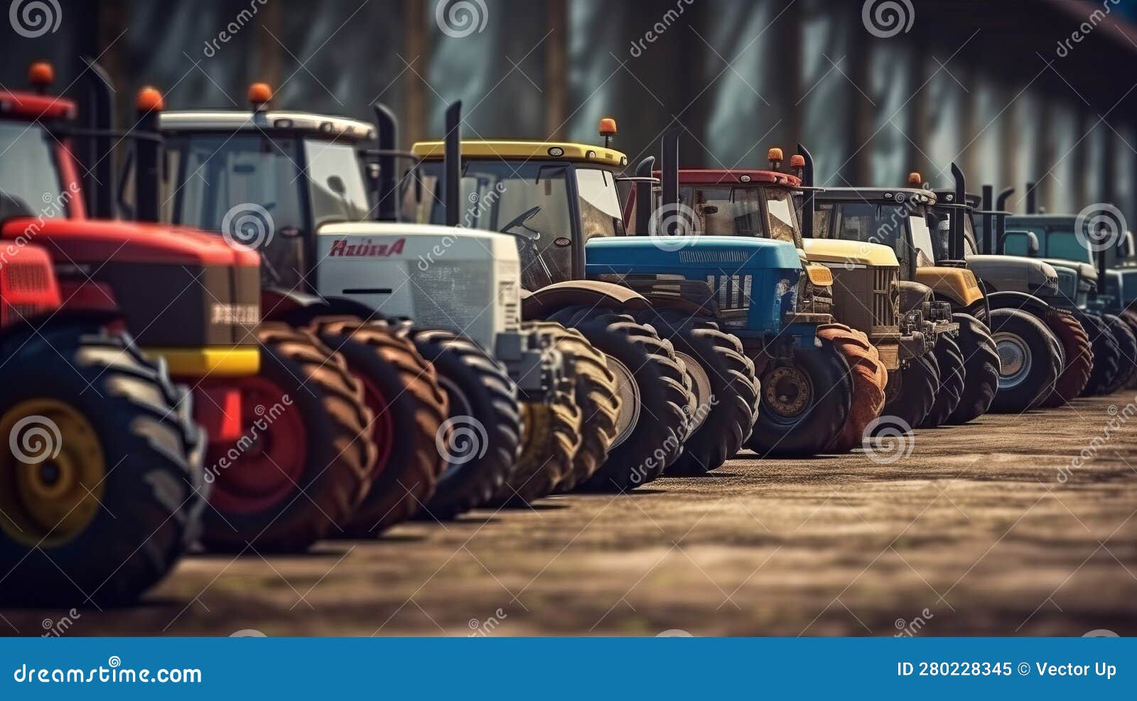 Many Different Tractors Standing in Row. Generative AI Stock ...
