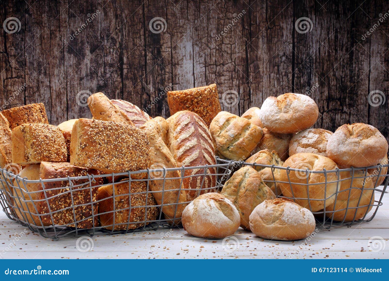 Many Different Types of Bread in Metal Baskets Stock Photo - Image of ...