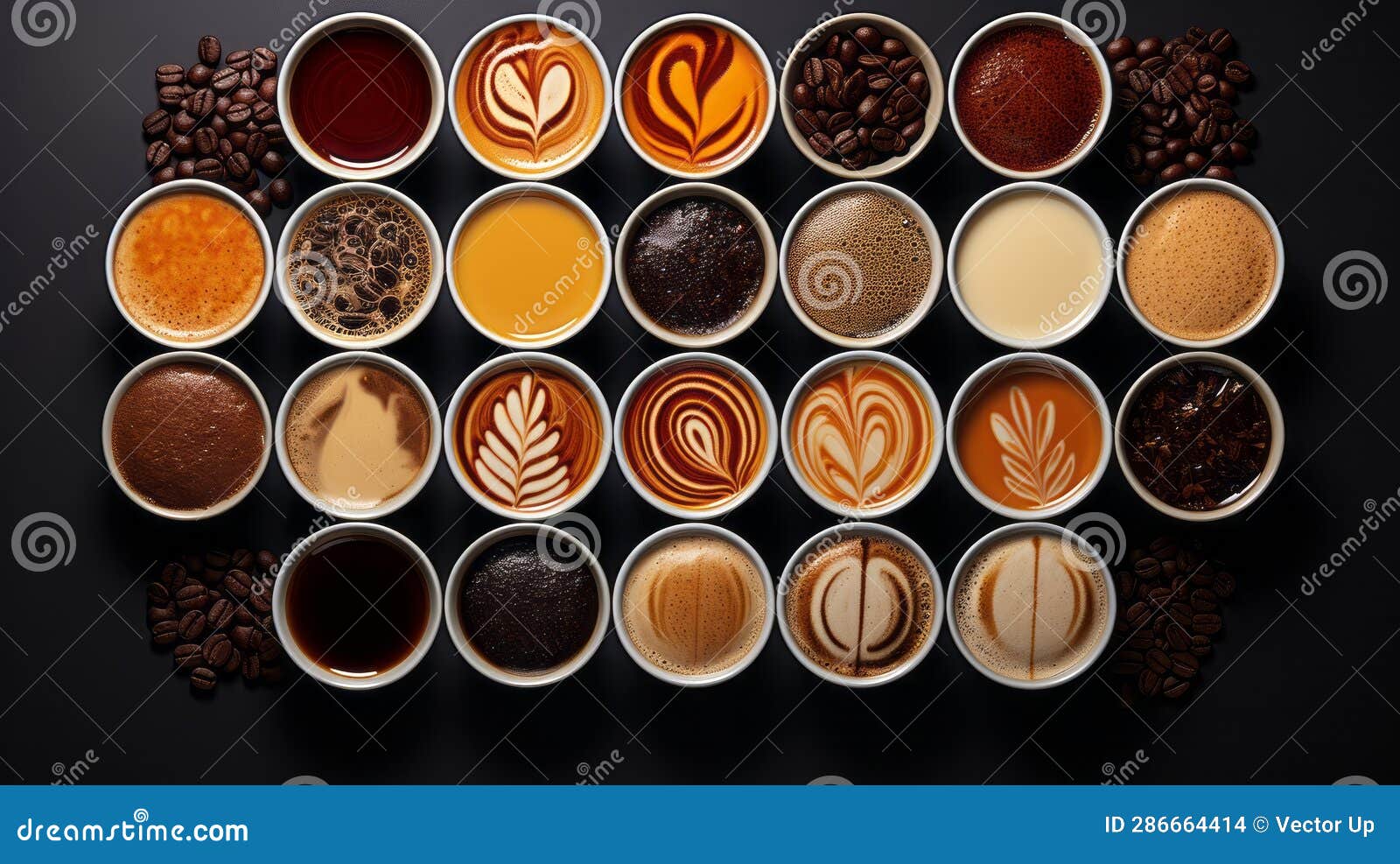 Many Different Types of Coffee Top View. Generative AI. Stock Photo ...
