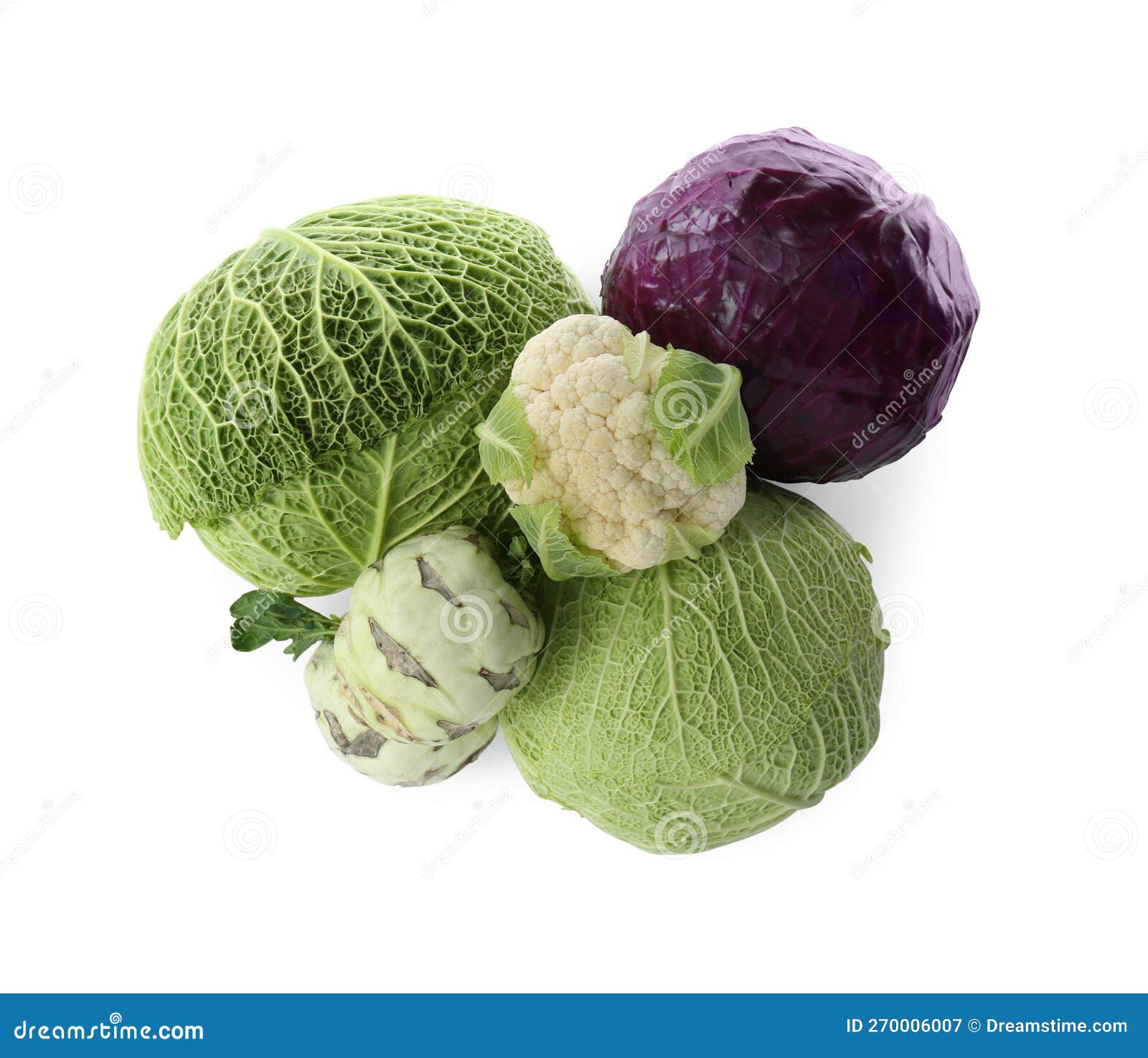 Many Different Types of Fresh Cabbage on White Background, Top View ...