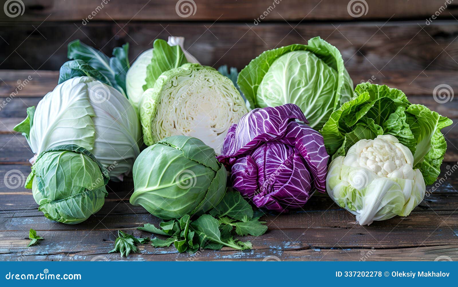 Many Different Types of Fresh Cabbage on Wooden Table Stock ...