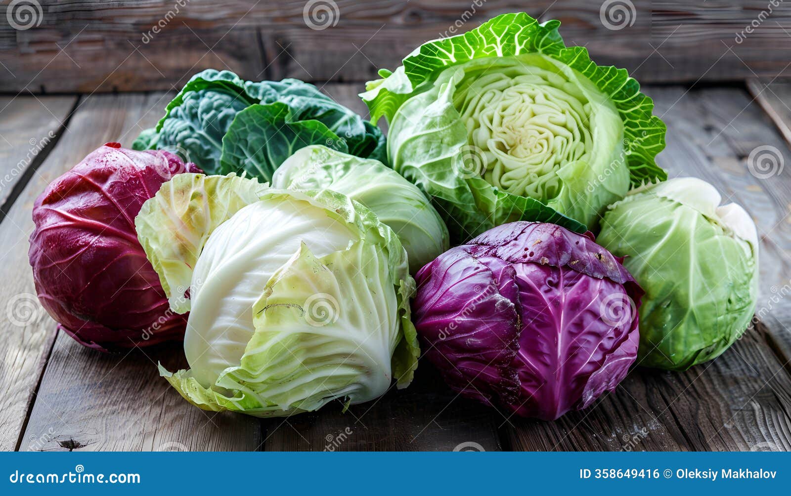Many Different Types of Fresh Cabbage on Wooden Table Stock Photo ...