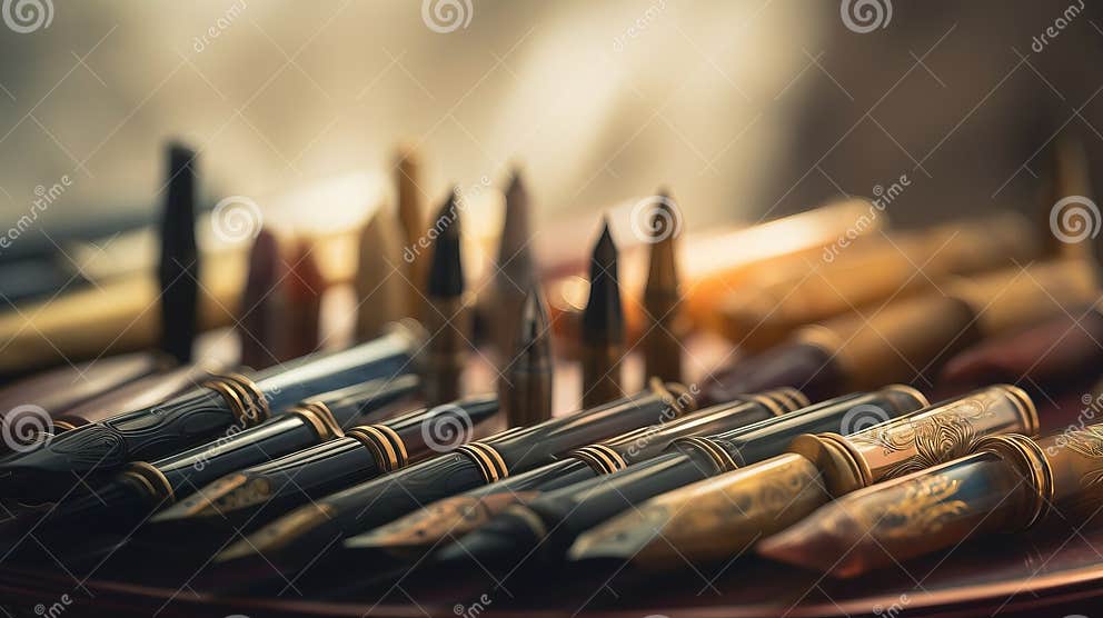 Many Different Types of Pens are Lined Up on a Table with a Blurry ...