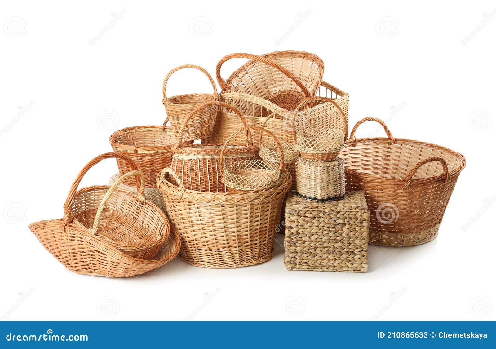 Many Different Wicker Baskets Isolated on White Stock Image - Image of ...