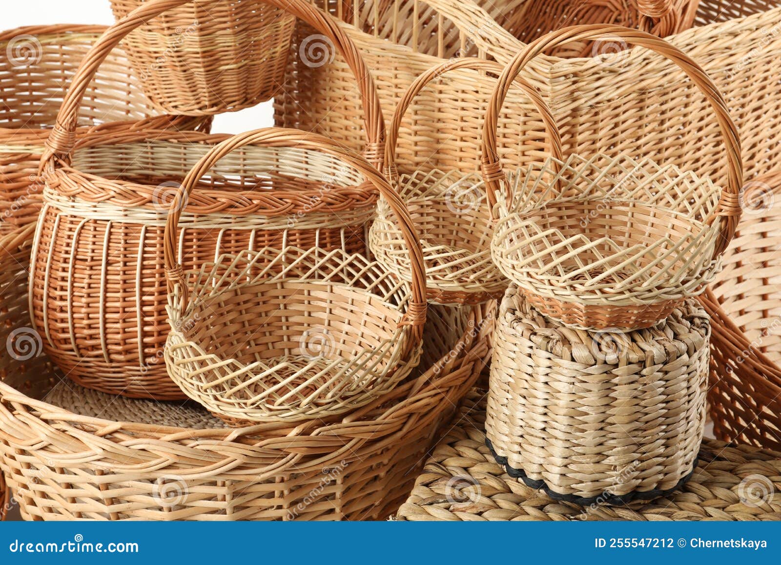 Many Different Wicker Baskets Made of Natural Material As Background ...