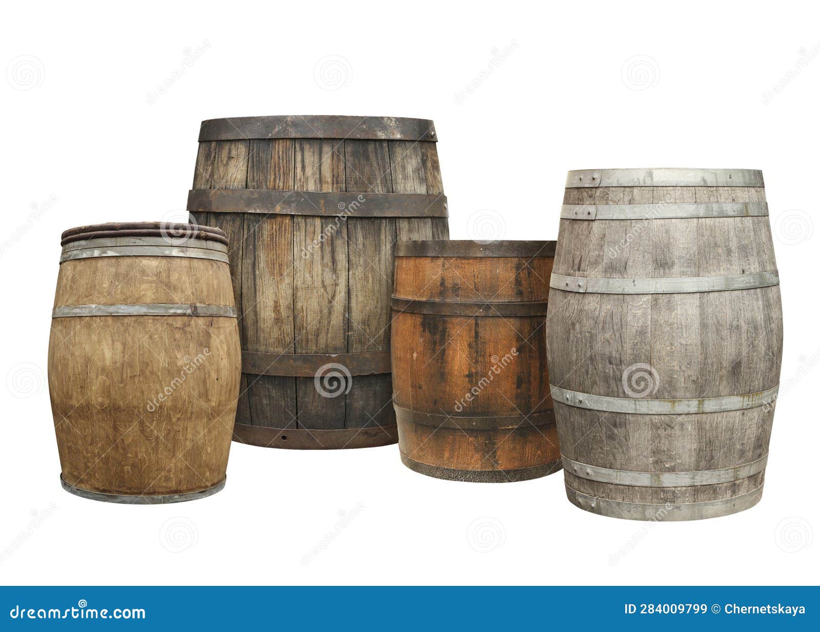 Many Different Wooden Barrels on White Background Stock Image - Image ...