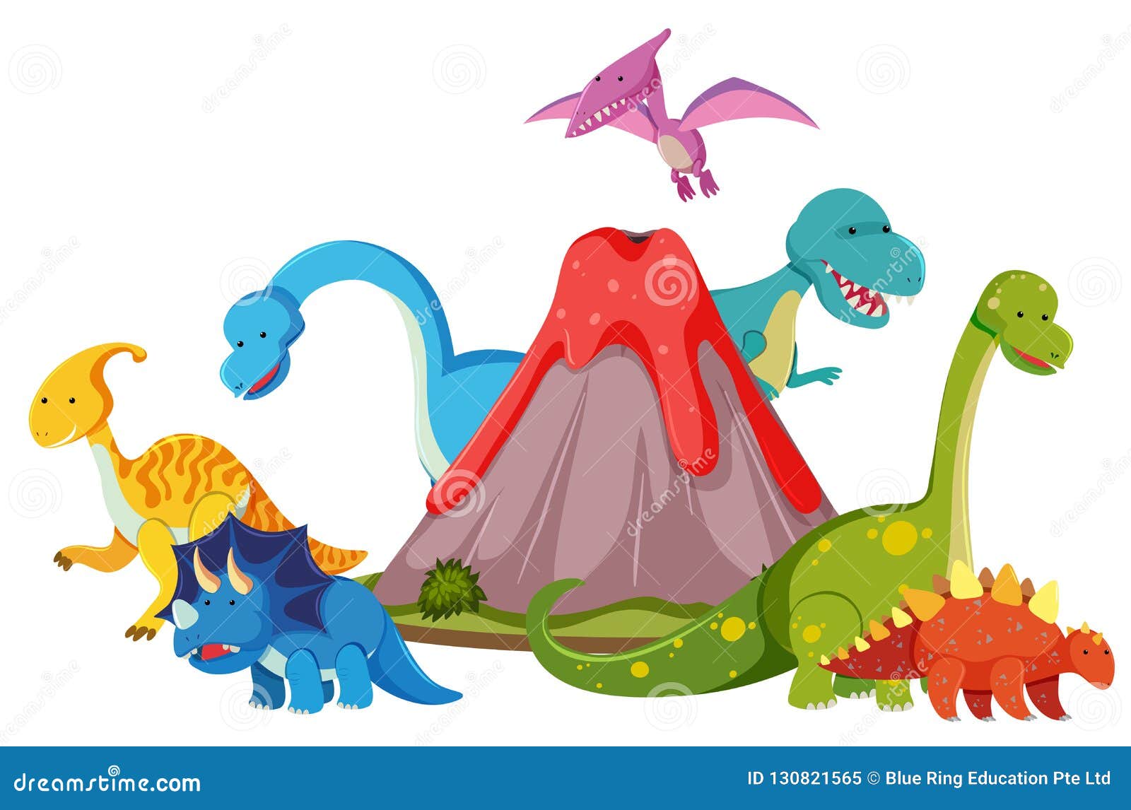 Cute Cartoon Dinosaur With Volcano Background Vector Illustration ...