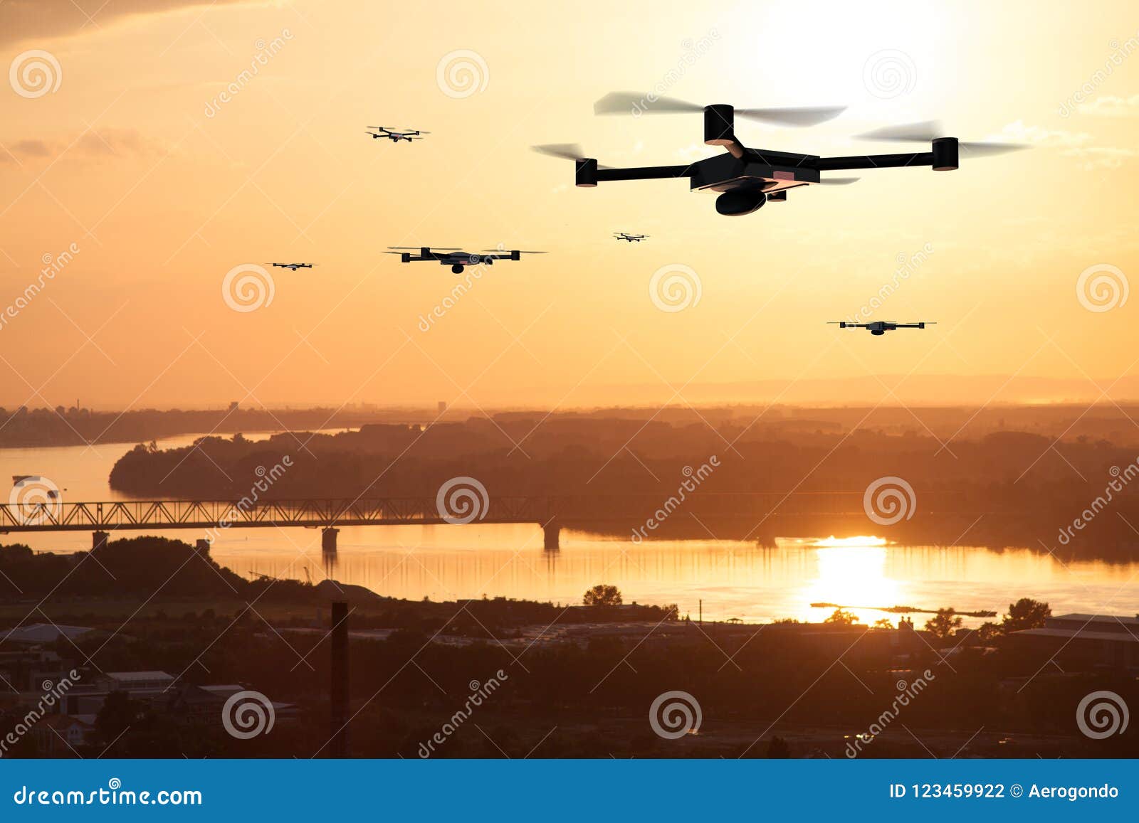Many Drones Flying Over City Stock Photo - Image of monitoring ...