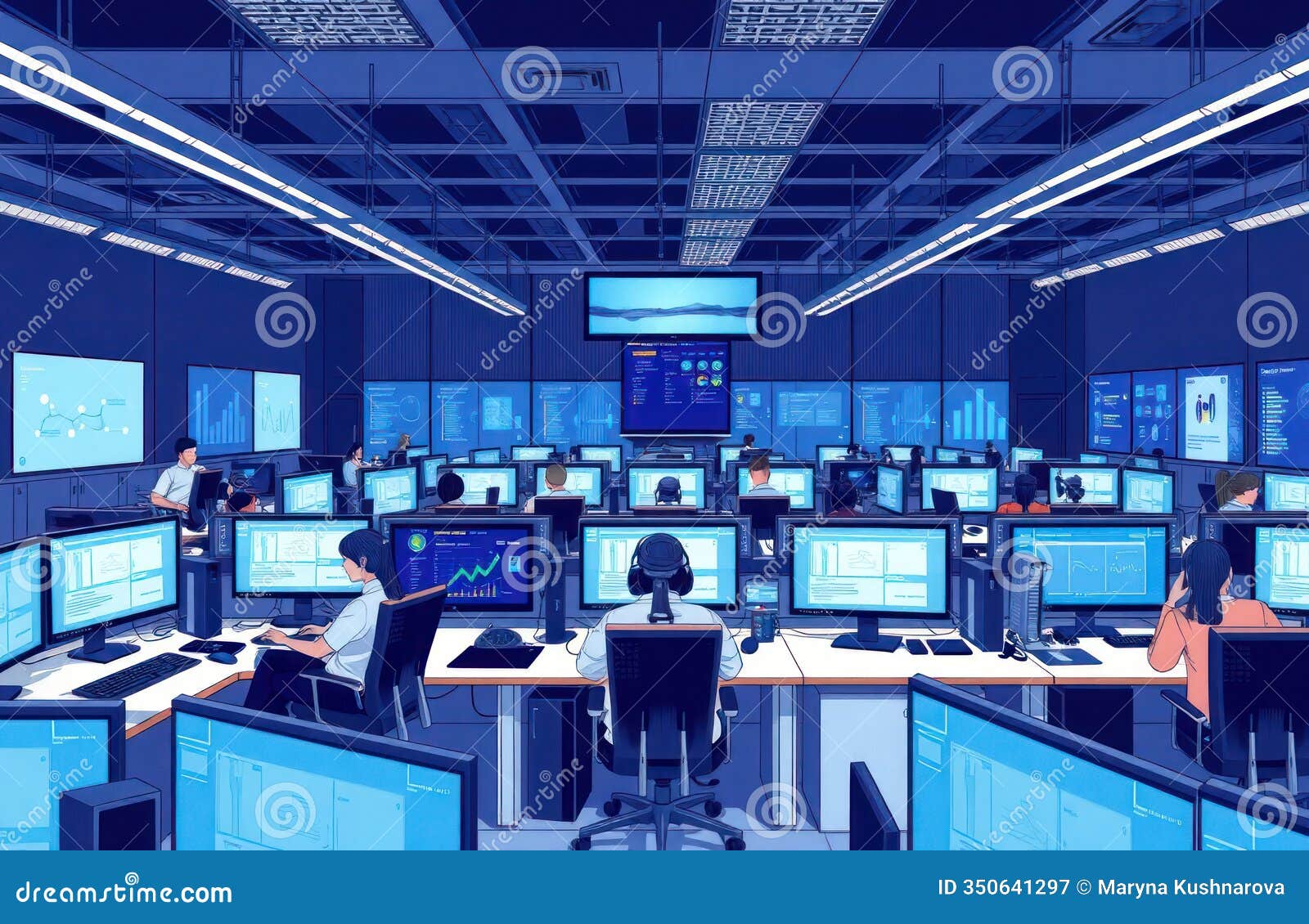 Many Employees Work in Modern Call Center Office. Surrounded by Many ...