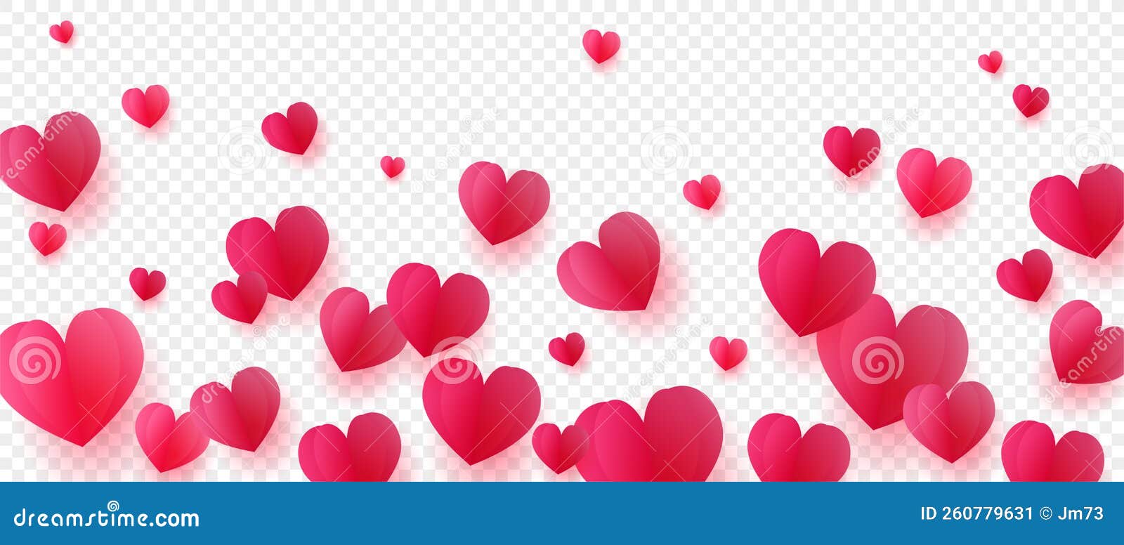 Many Falling Abstract Hearts with Shadows on Transparent Background ...
