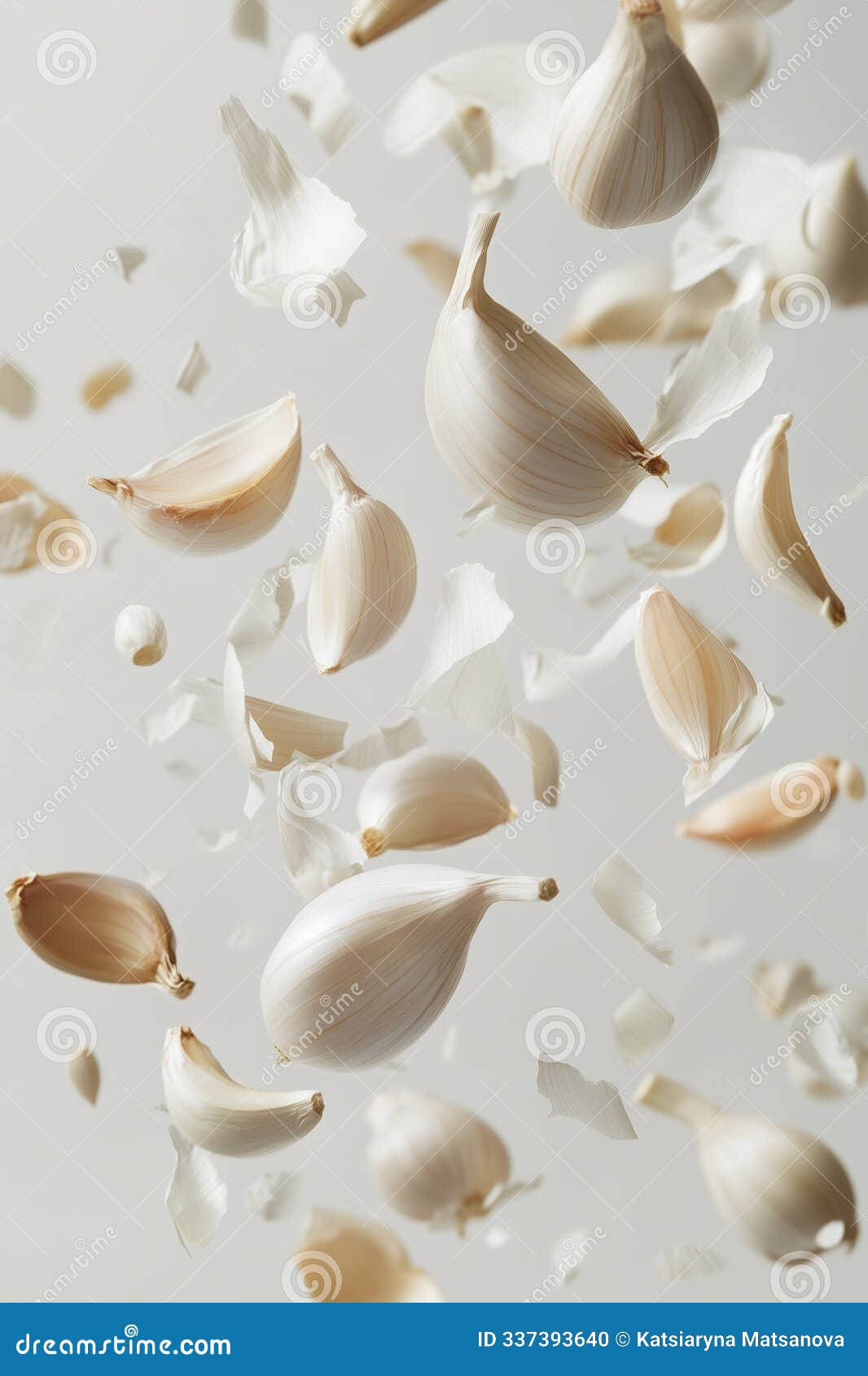 Many Falling Garlic Cloves Isolated on White Background. Flying Garlic ...