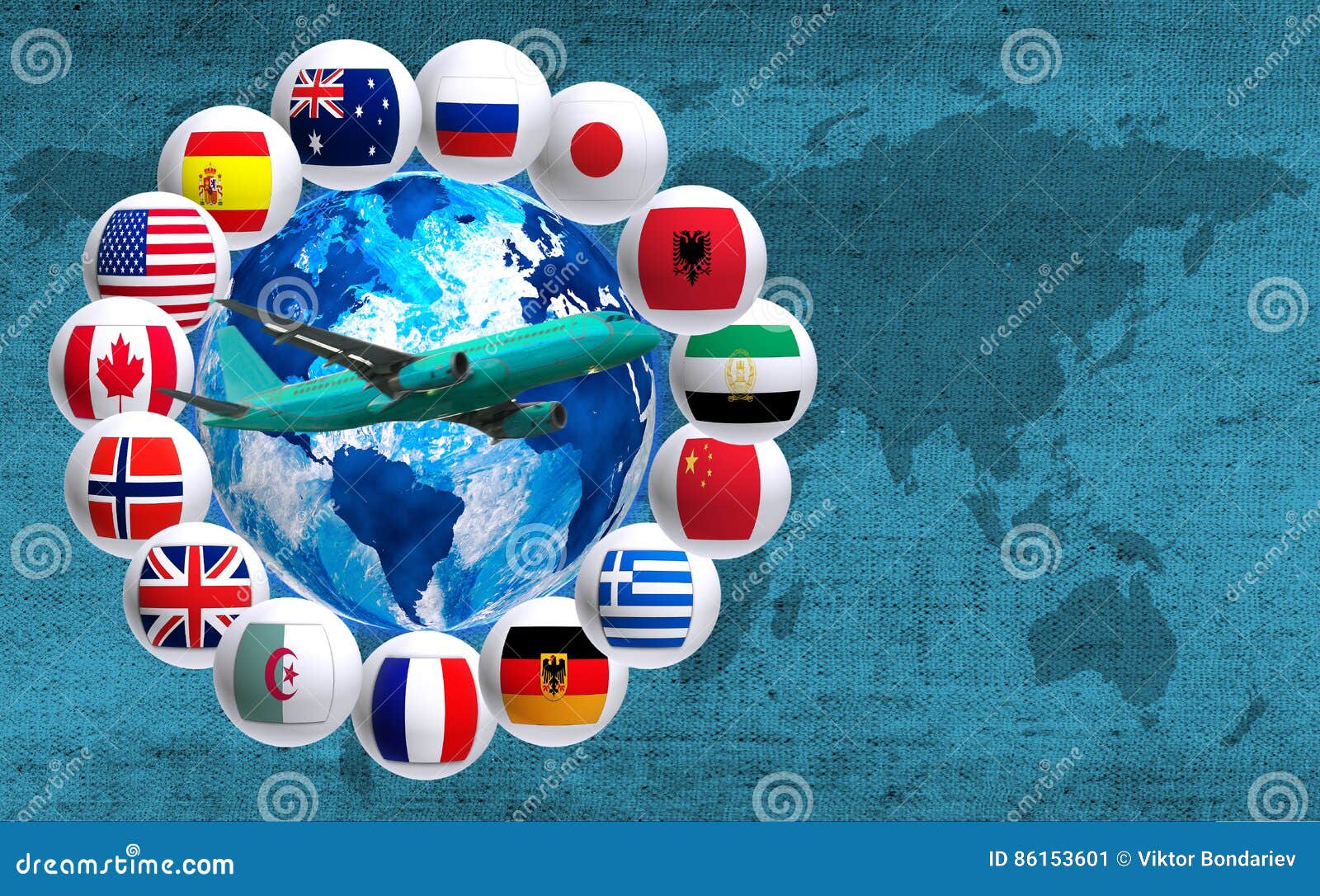 Many Flags Around the Globe and a Plane Stock Image - Image of america ...