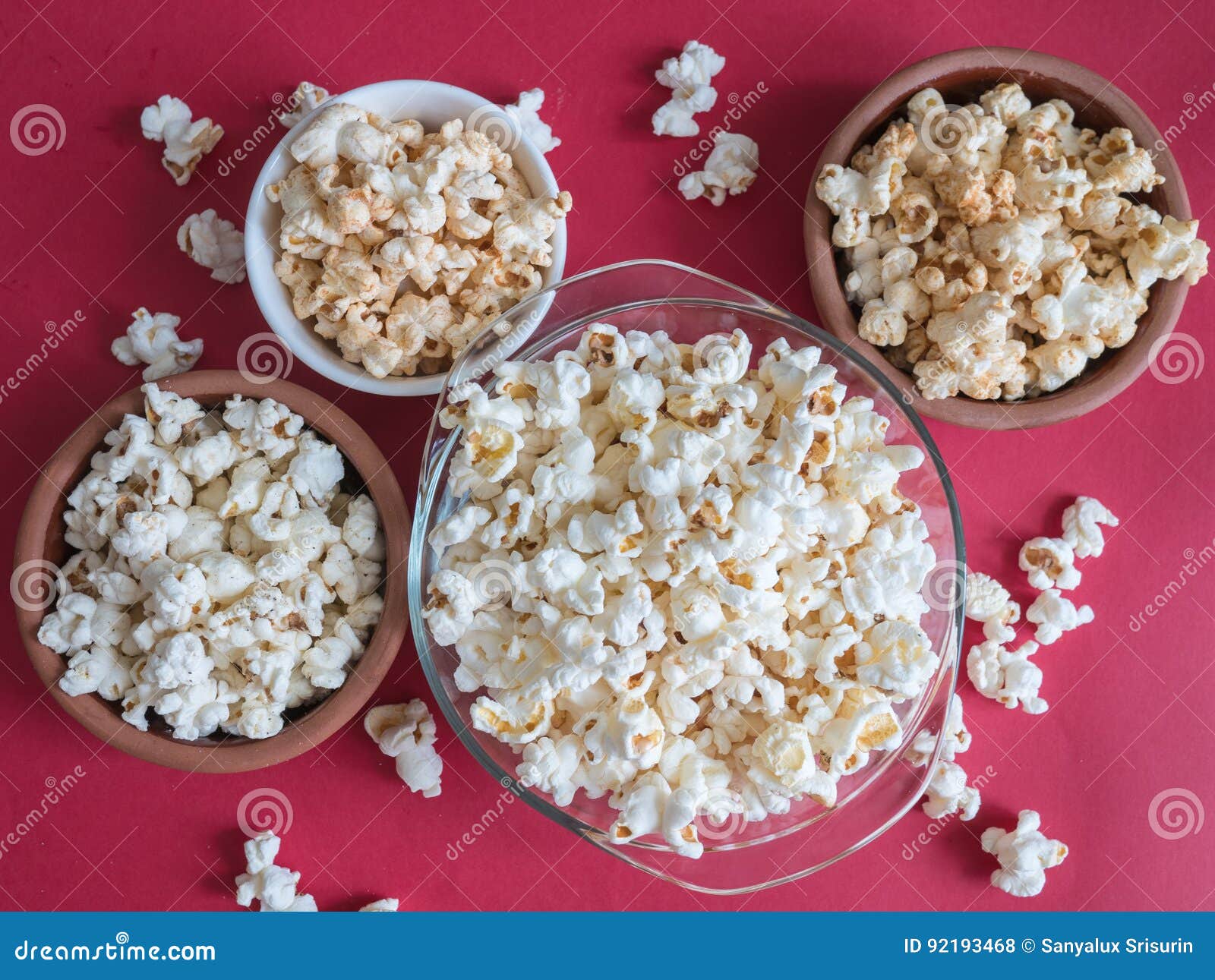 Many Flavors of Poporn in Bowls on Red Stock Photo - Image of crunchy ...
