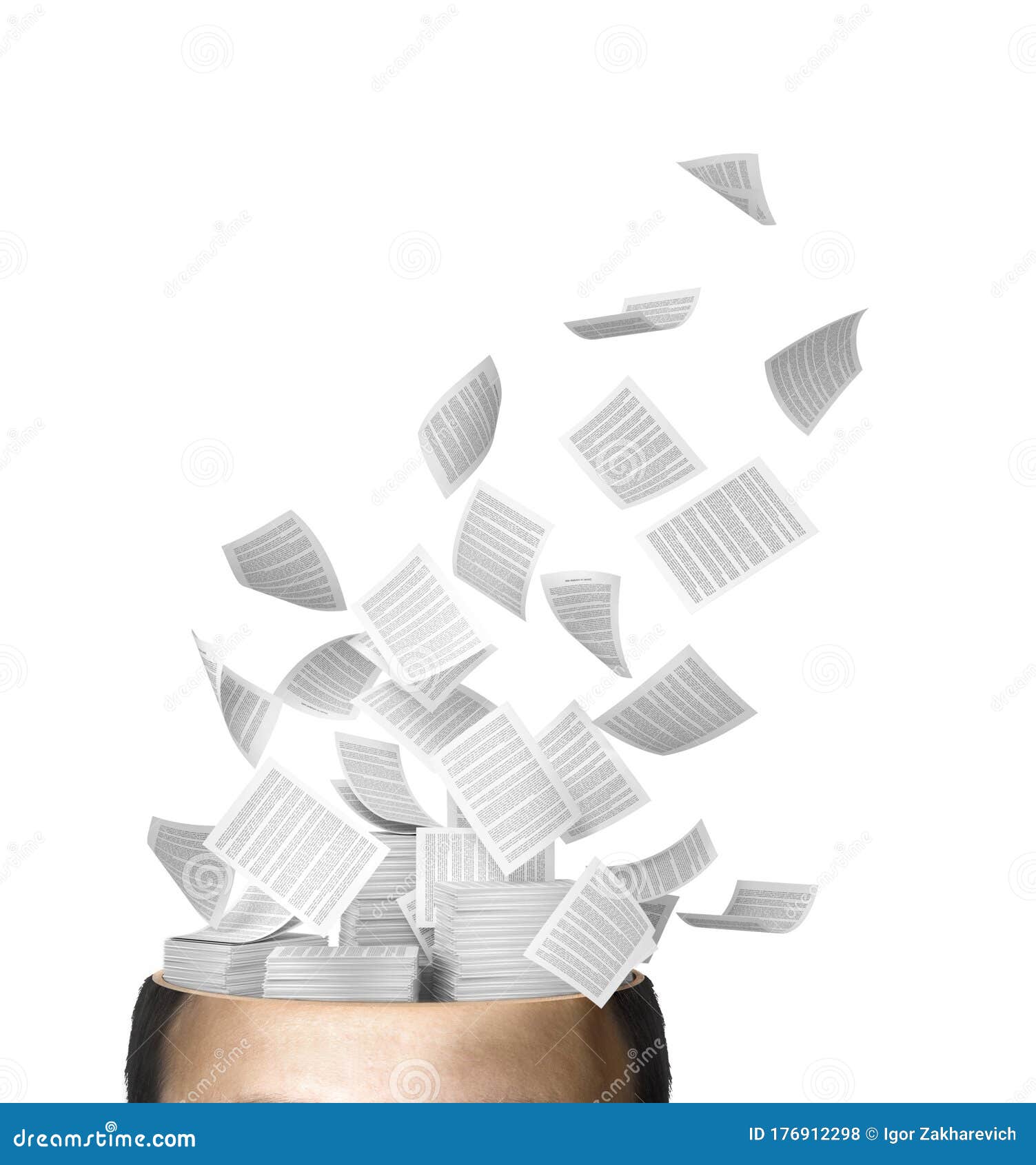 Many Flying Business Documents of Human Head Isolated on White. Stock ...