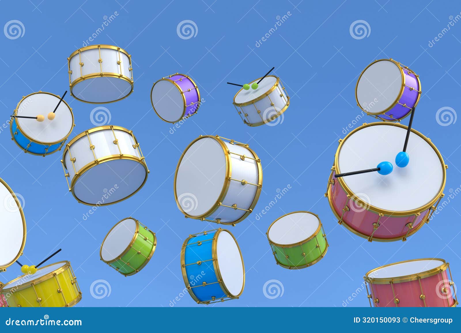 Many of Flying Drums or Drumset on Blue Background Stock Illustration ...