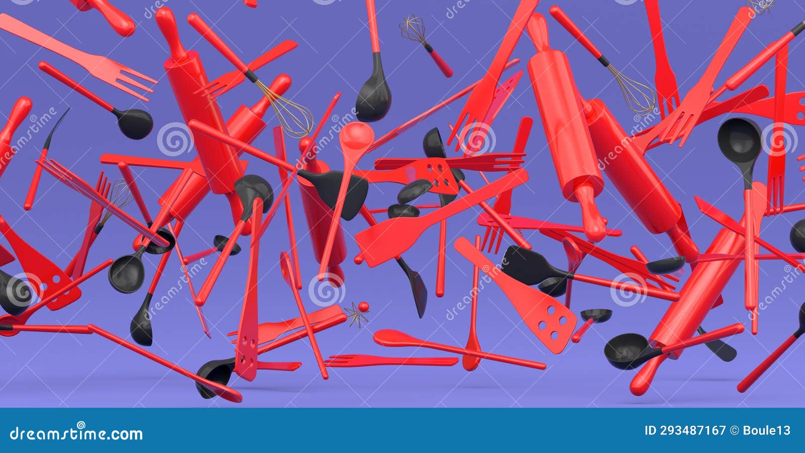 Many of Flying Kitchen Utensils, Tools and Equipment on Violet ...