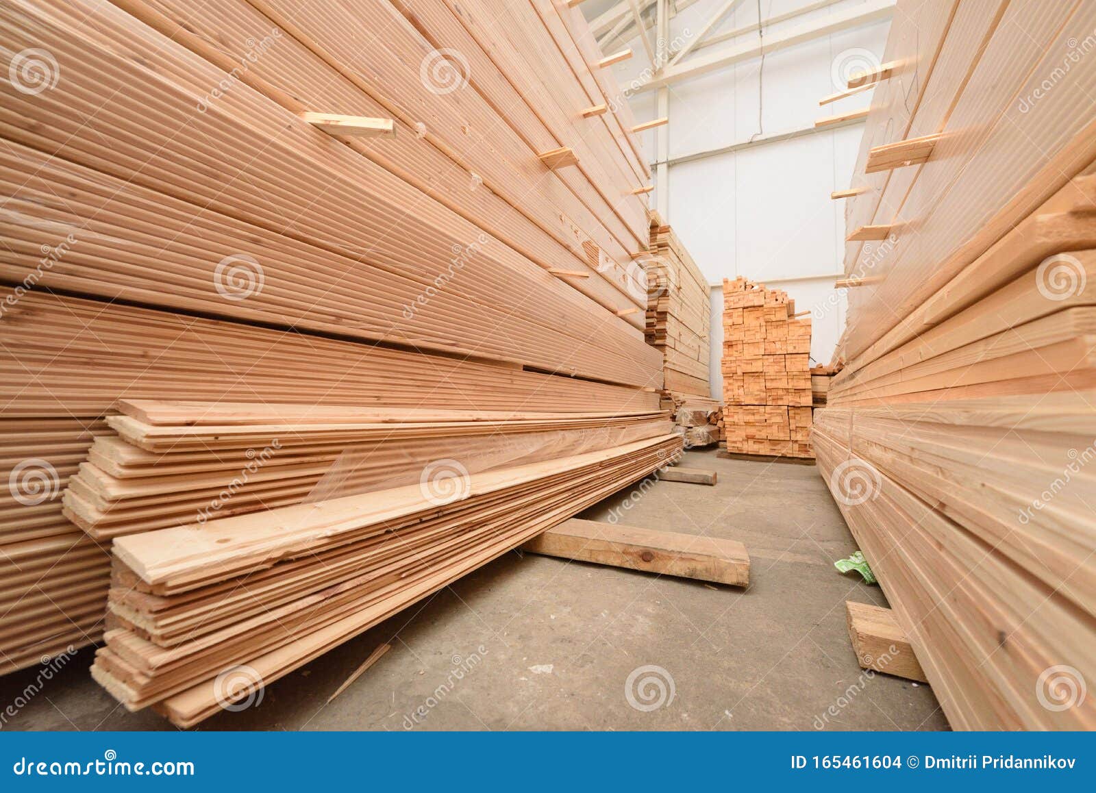 Many Folded Wooden Planks In A Warehouse With A Forest Stock Image ...