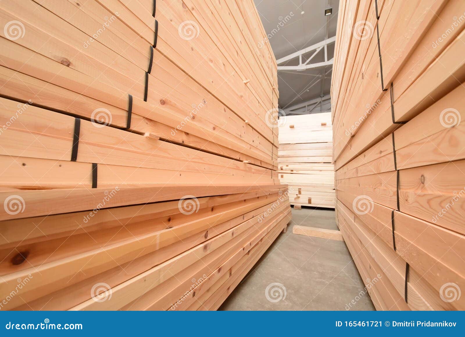 Many Folded Wooden Planks In A Warehouse With A Forest Stock Image ...