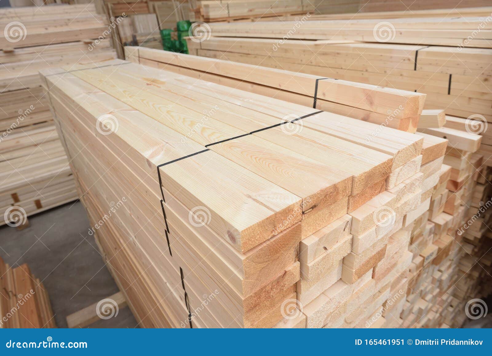 Many Folded Wooden Planks In A Warehouse With A Forest Stock Image ...