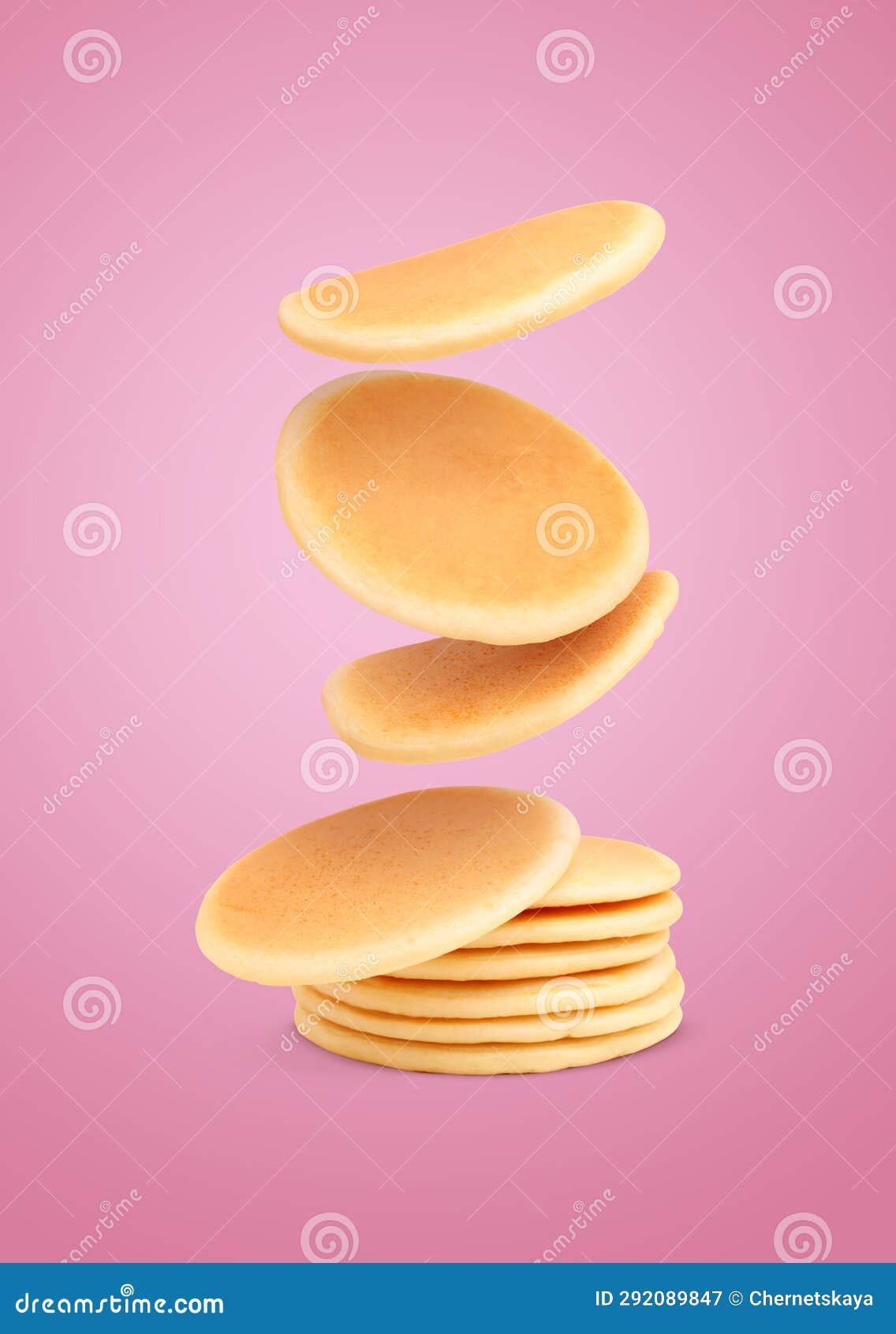Many Fresh Pancakes Falling on Pink Background Stock Image - Image of ...